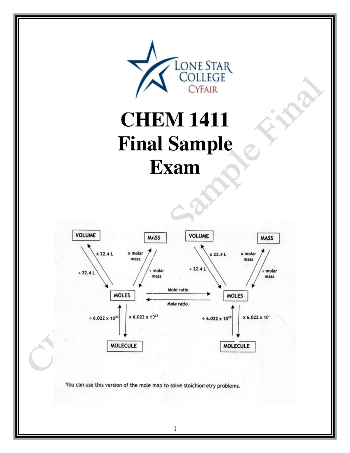 CHEM 1411 Final SE - Dr Pahlavan Spring 2023 - CHEM 1411 Final Sample ...