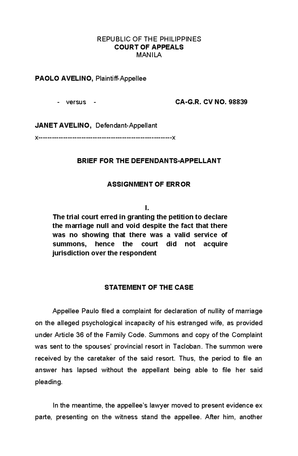 Appellant's Brief on CV No. 98839: Error in Service of Summons - Studocu