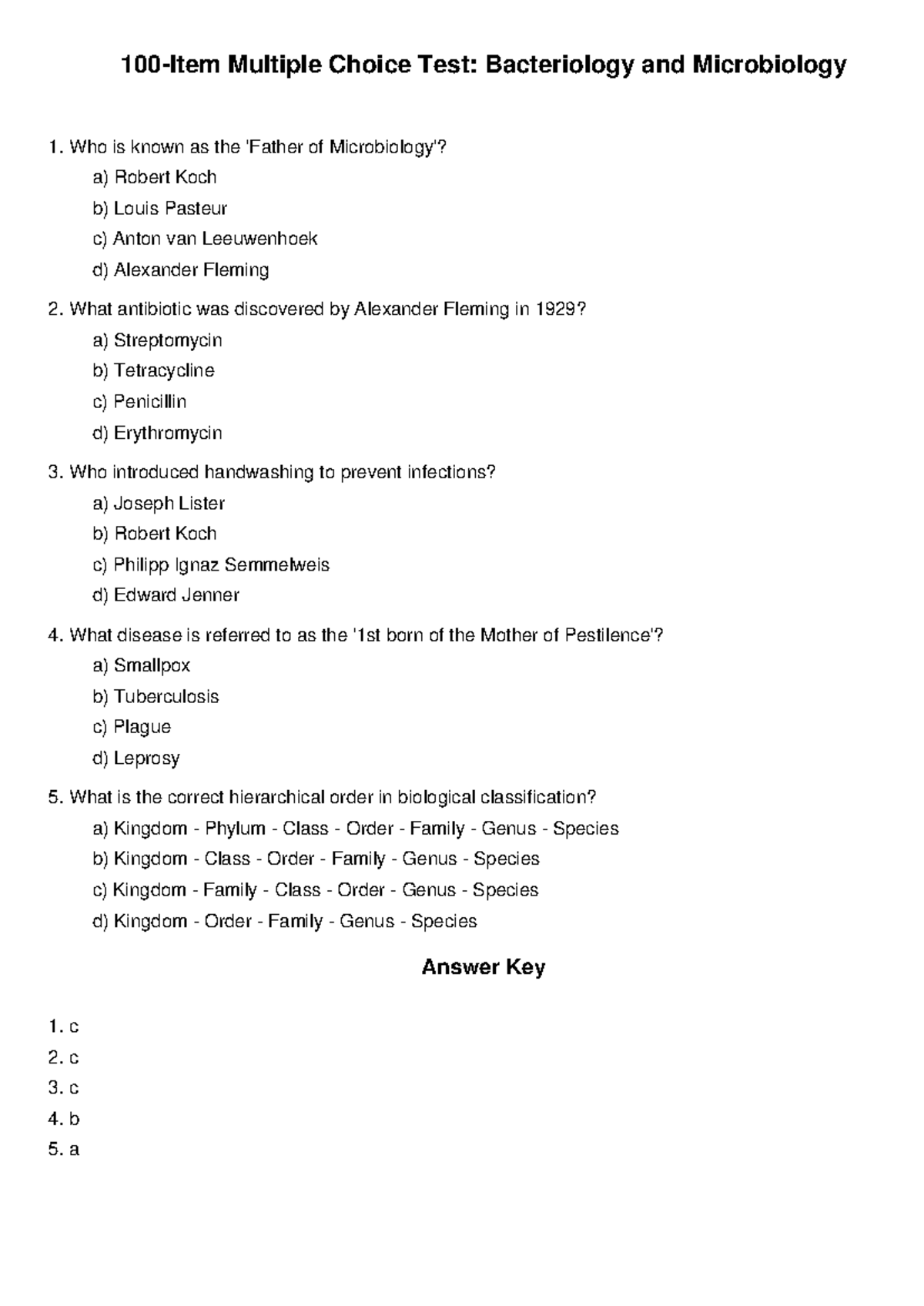 Bacteriology Test - trial test - 100-Item Multiple Choice Test ...