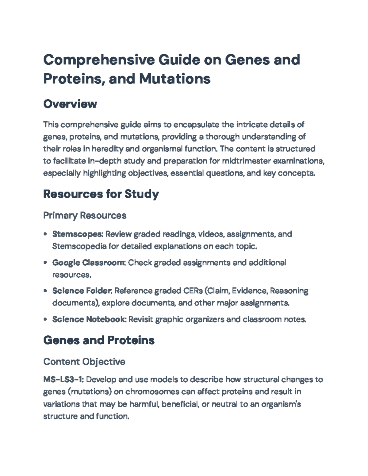 Genes, Proteins & Mutations: Study Guide for MS-LS3-1 Exam Prep - Studocu