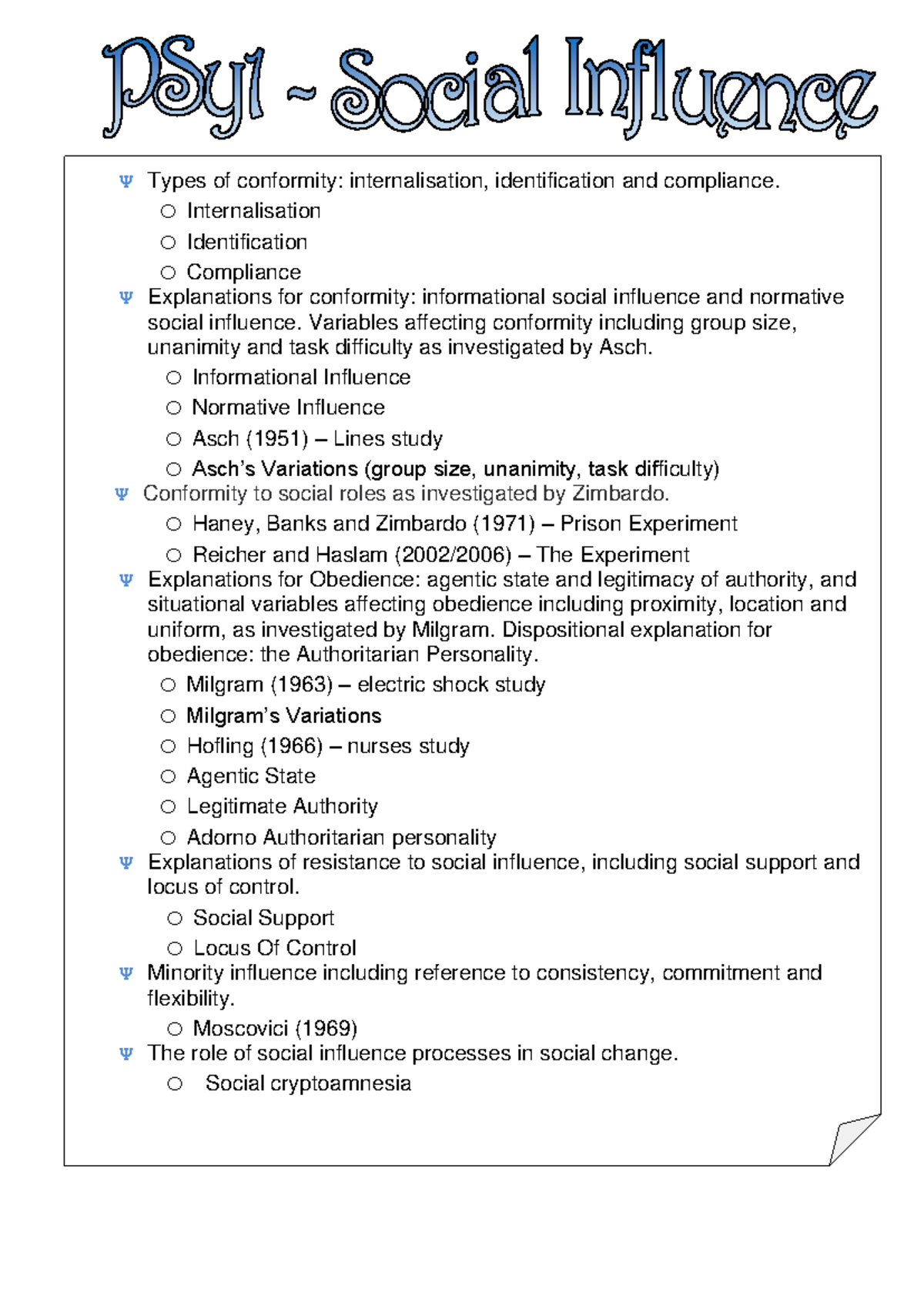 PSY1: Social Influence - Conformity, Obedience, and Social Roles Study ...