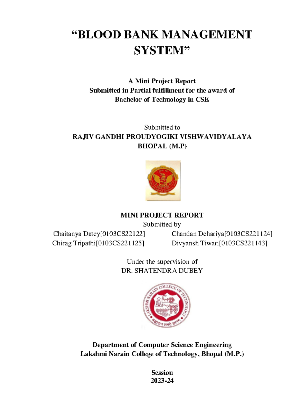 Blood Bank Management System: Mini Project Report [BTech CSE] - Studocu