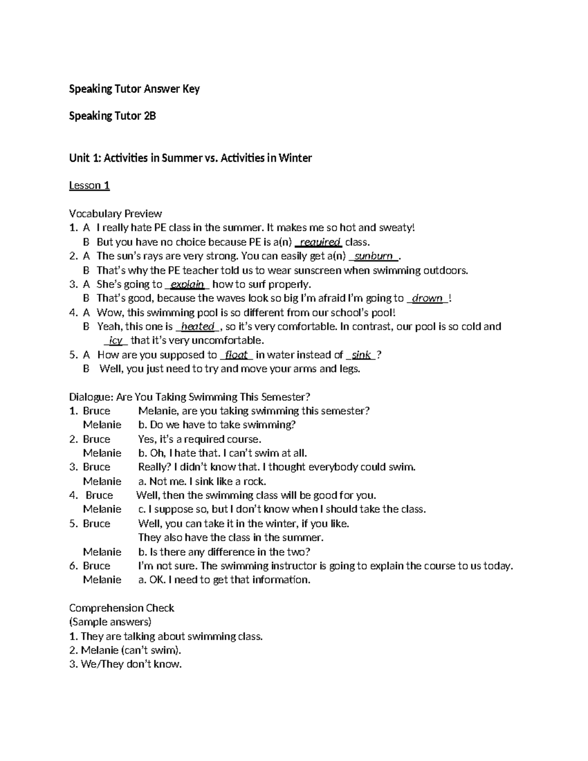 Speaking Tutor 2B Unit 1: Summer vs. Winter Activities Lesson Answers ...