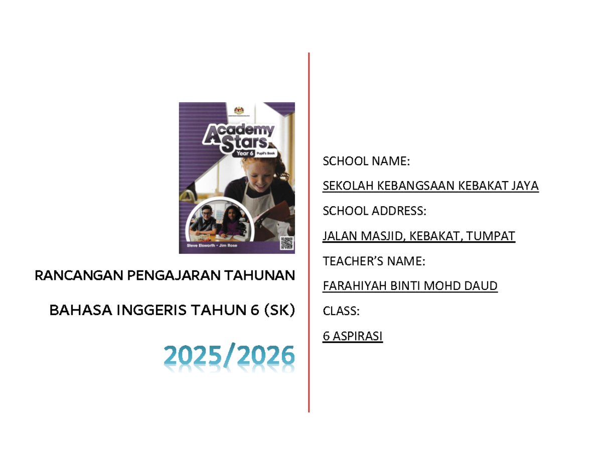 RPT English Year 6 (SK) 2025-2026: Scheme of Work Overview - Studocu