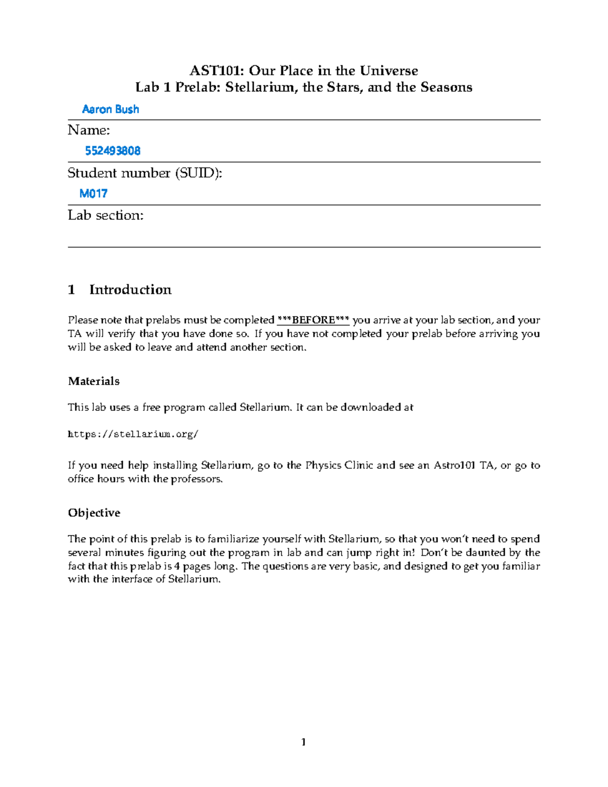 AST101: Lab 1 Prelab on Stellarium and Seasonal Observations - Studocu