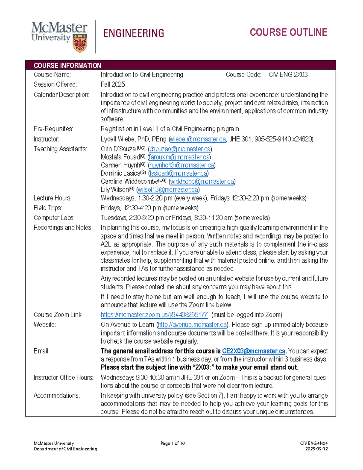 CIV ENG 2X03 Course Outline: Introduction to Civil Engineering 2025 ...