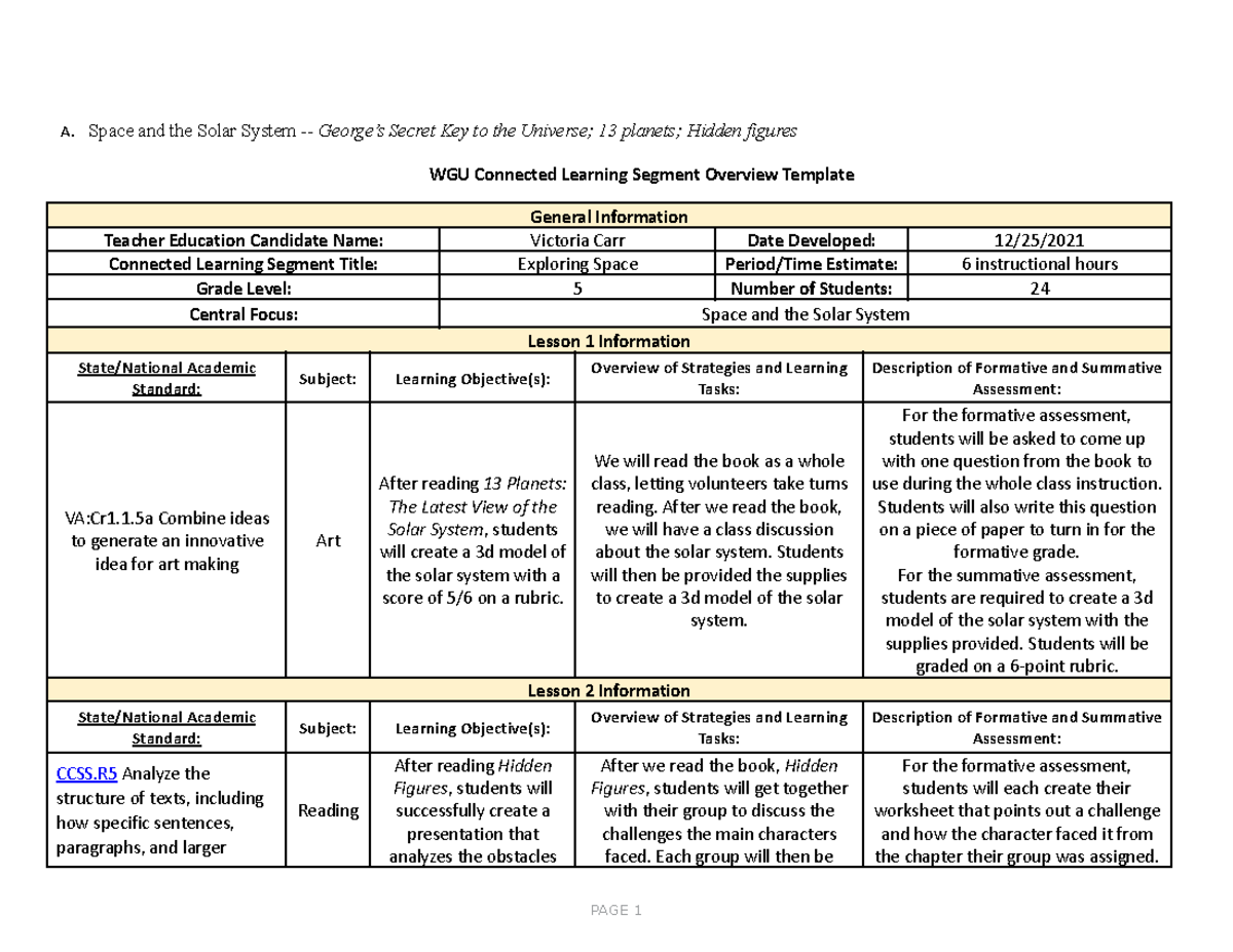 C970 Task 2: Exploring Space & the Solar System Lesson Plan - Studocu