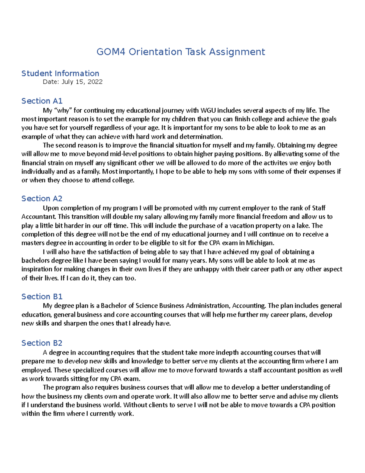 Nicole Blaszczuk Orientation Task - GOM4 Orientation Task Assignment Student Information Date ...