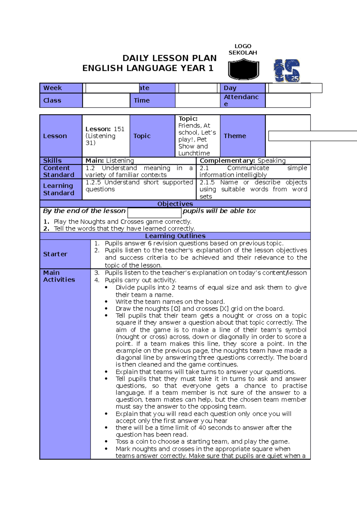 Lesson Revision Plan for English Language Year 1 (Lessons 151-160 ...