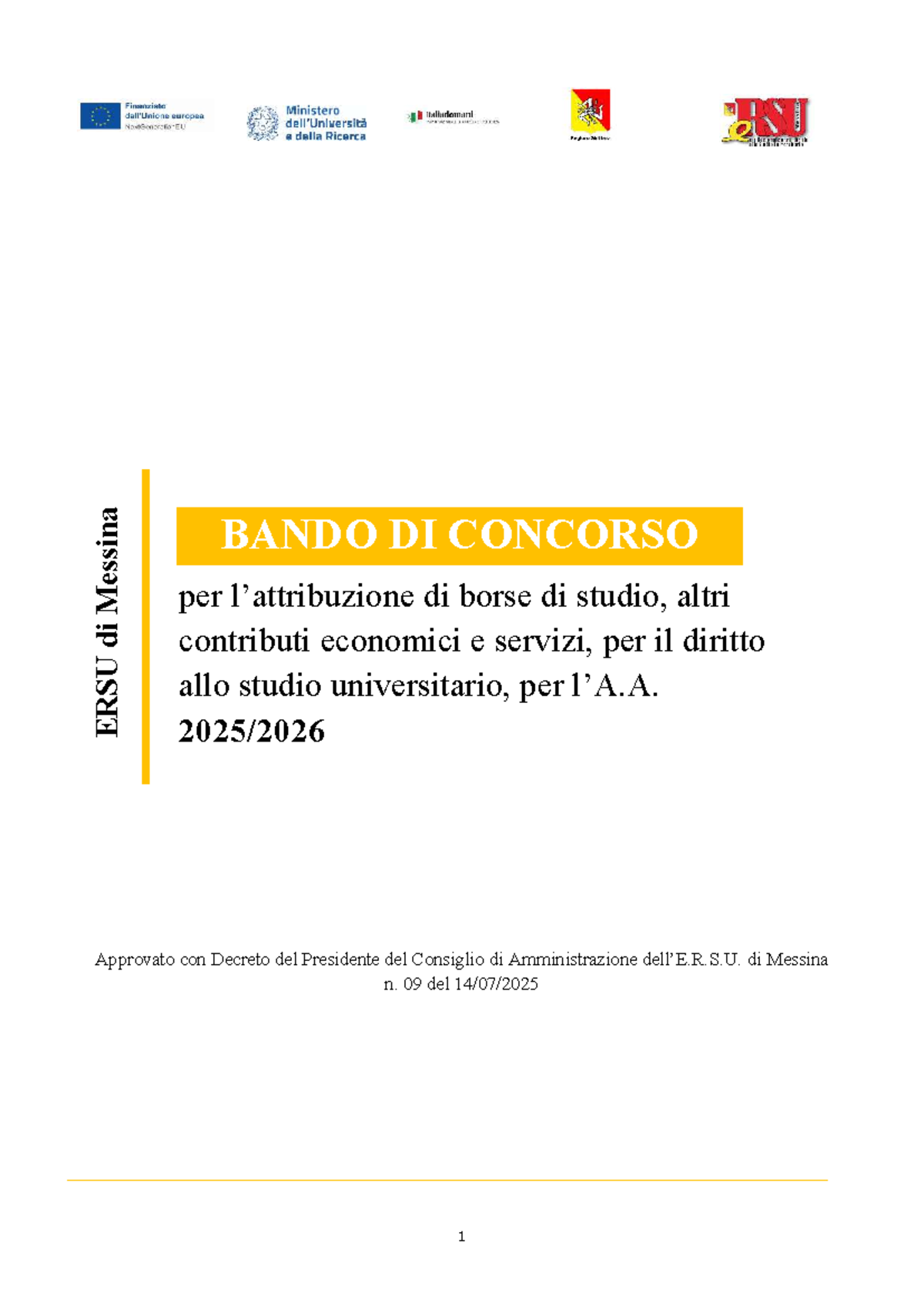 Bando di Concorso ERSU Messina 2025-2026 per Borse di Studio e Servizi ...