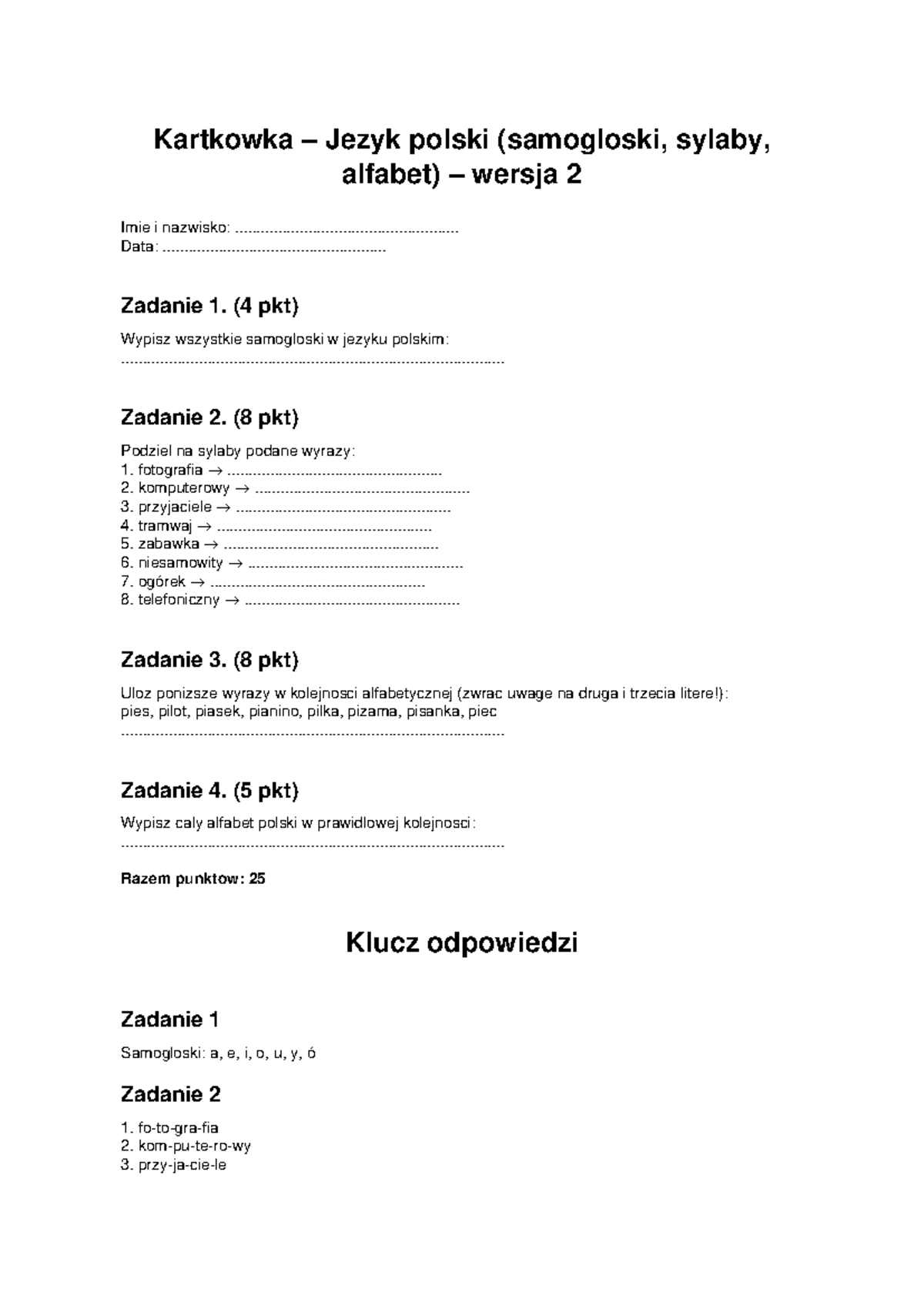 Kartkówka Język Polski (Samogłoski, Syllables, Alfabet) Wersja 2 - Studocu
