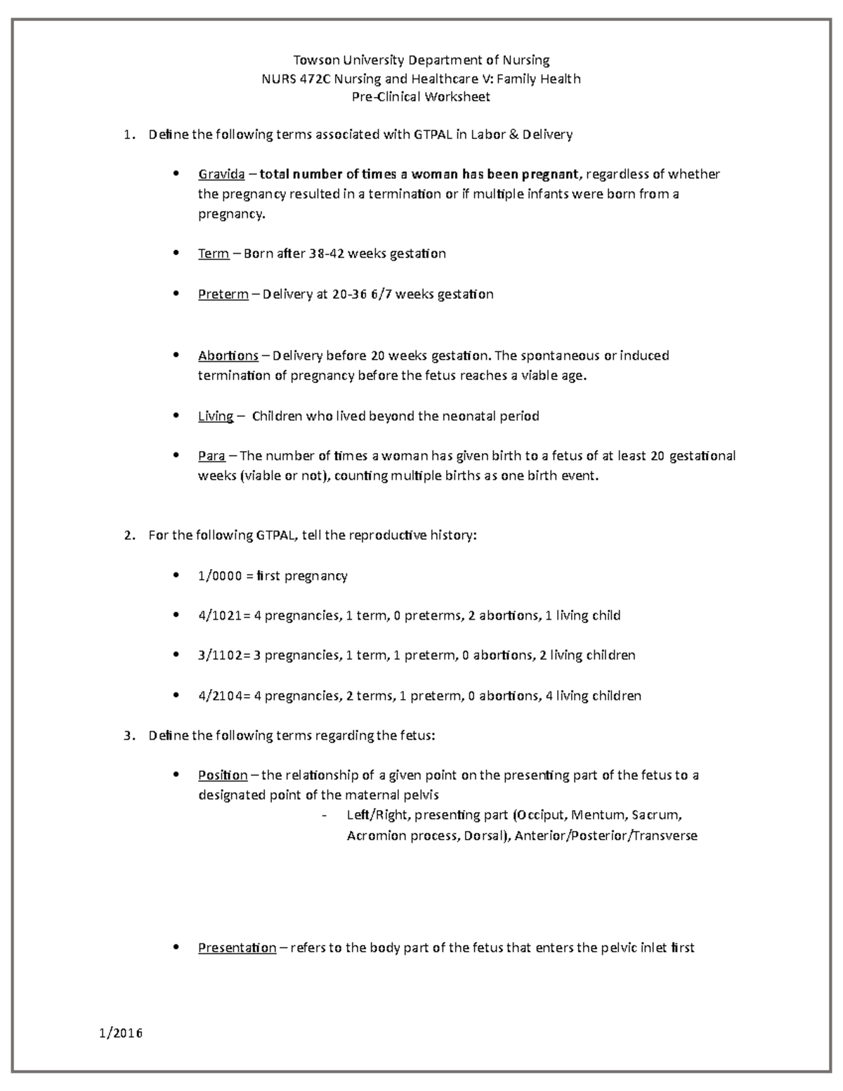 Pre-Clinical Worksheet - NURS 472C Nursing and Healthcare V: Family ...