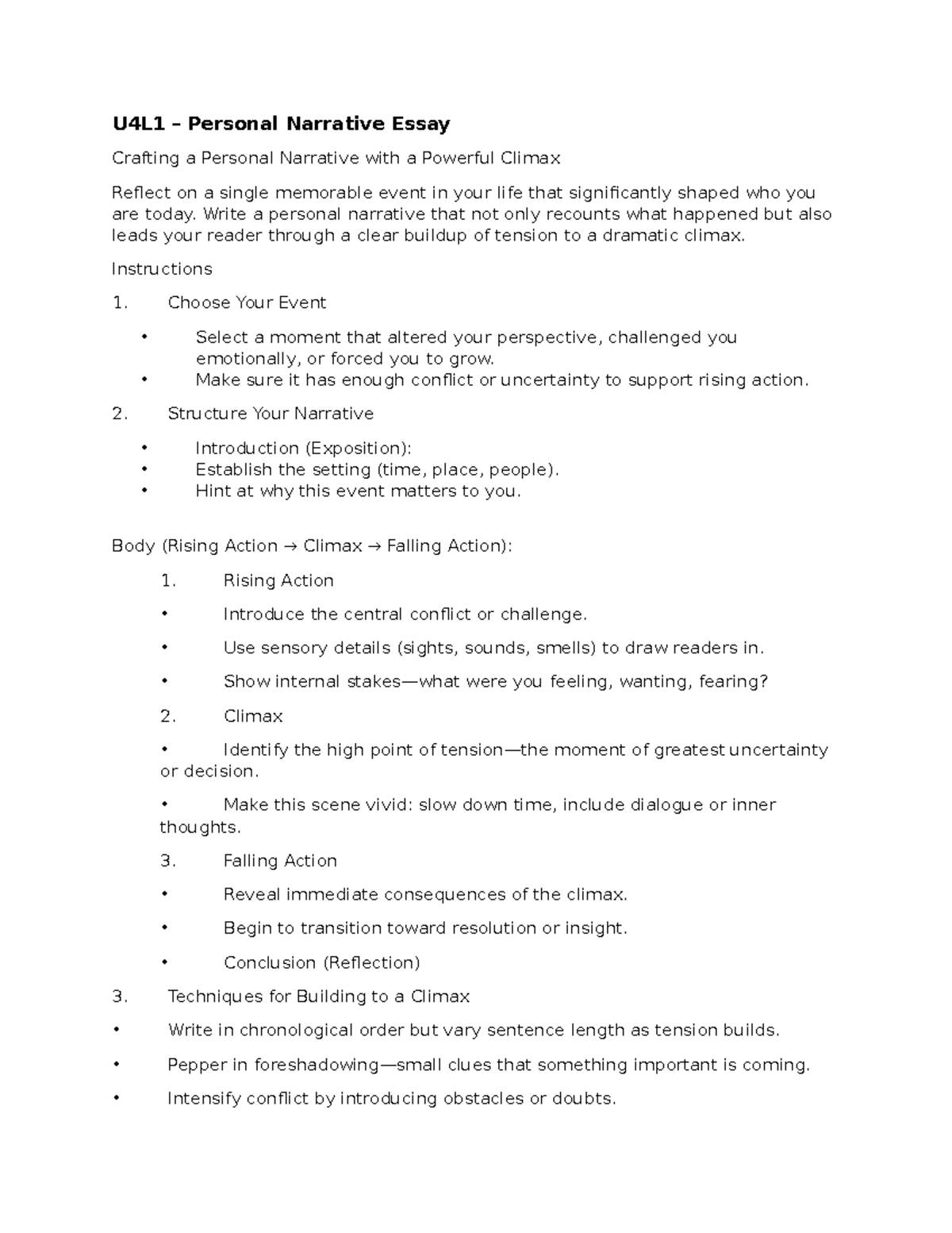 U4L1 Personal Narrative Essay: Crafting a Powerful Climax - Studocu