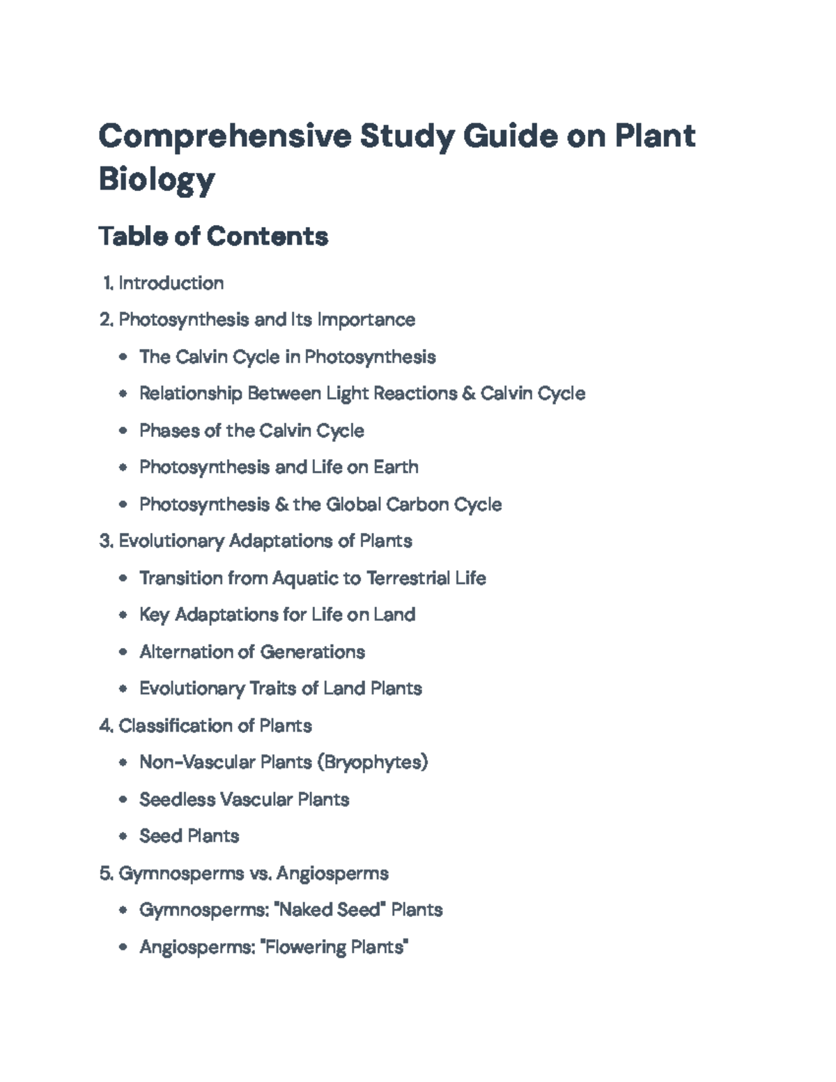 Comprehensive Study Guide on Plant Biology (Course Code: BIOL101 ...