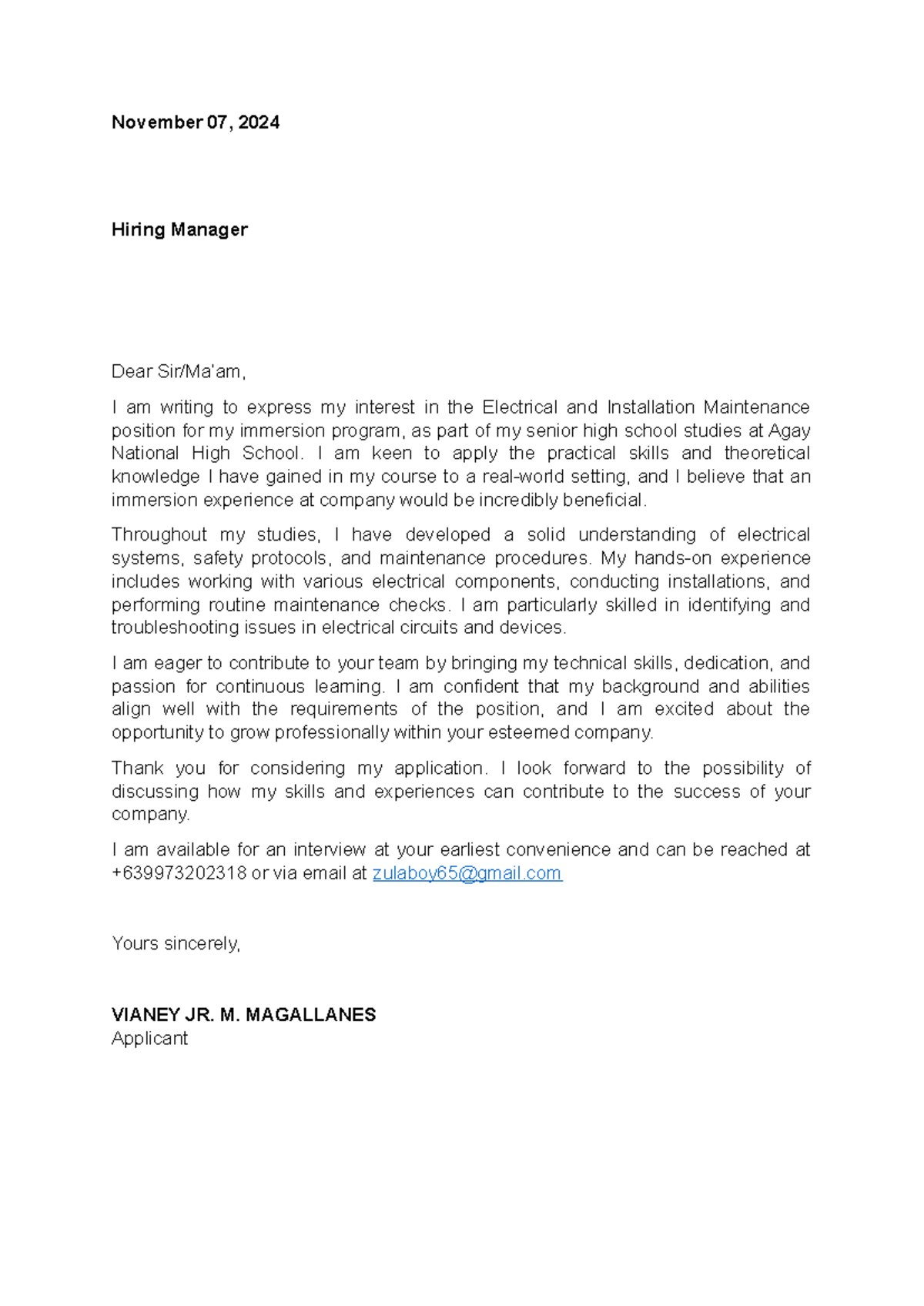 App. Letter for Electrical & Installation Maintenance - PPT - Studocu