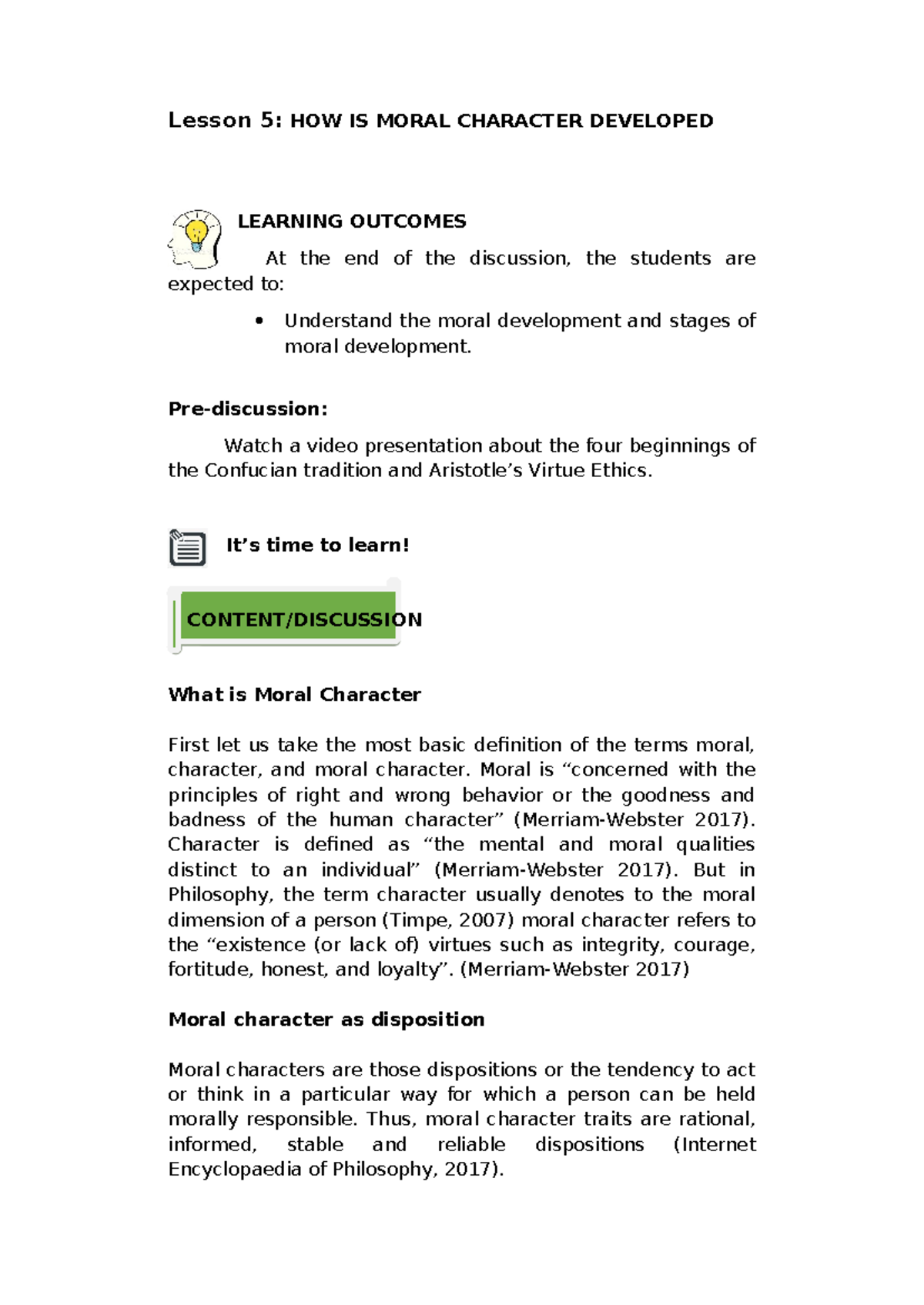 Ethics CH1 L5: Developing Moral Character through Philosophy - Studocu