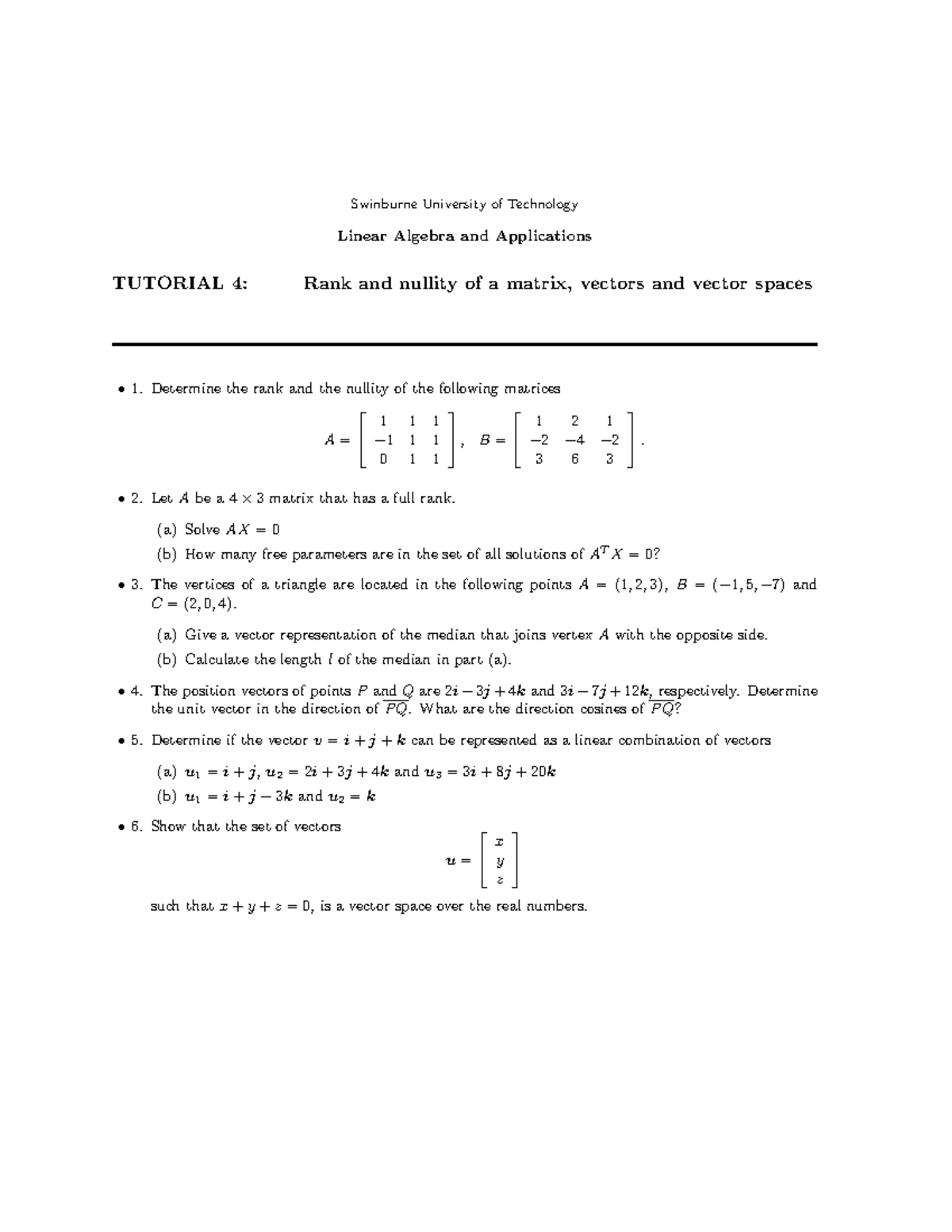 Swinburne University of Technology Linear Algebra TUTORIAL 4: Rank ...