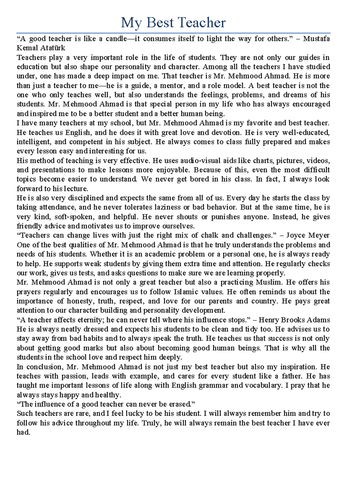 My Best Teacher Essay: The Impact of Mr. Mehmood Ahmad - Studocu