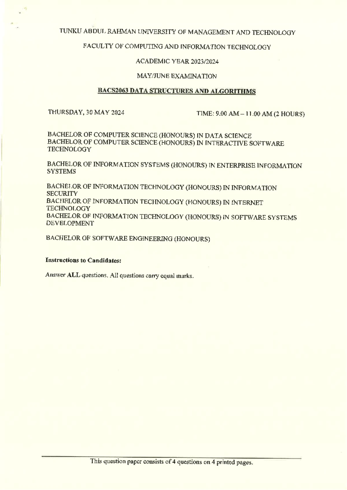 BACS2063 Final Exam: Data Structures & Algorithms Overview - Studocu