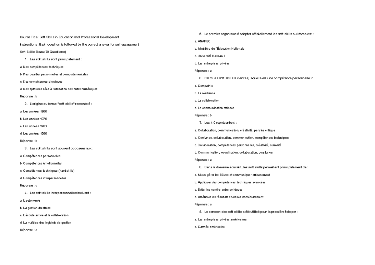 QCM - Soft Skills in Education (70 Questions) - Self-Assessment - Studocu