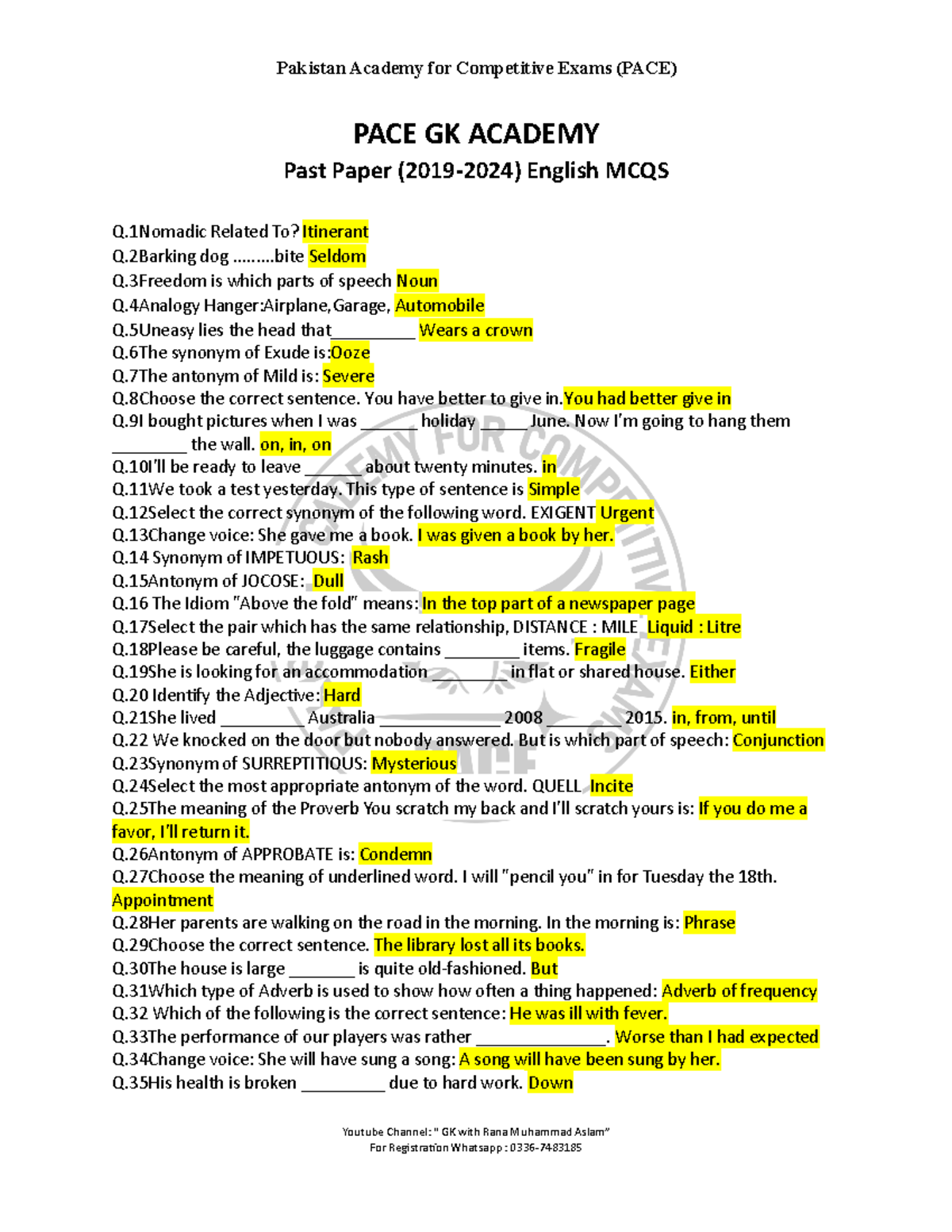 PACE GK Academy English MCQs Past Paper Review and Analysis - Studocu