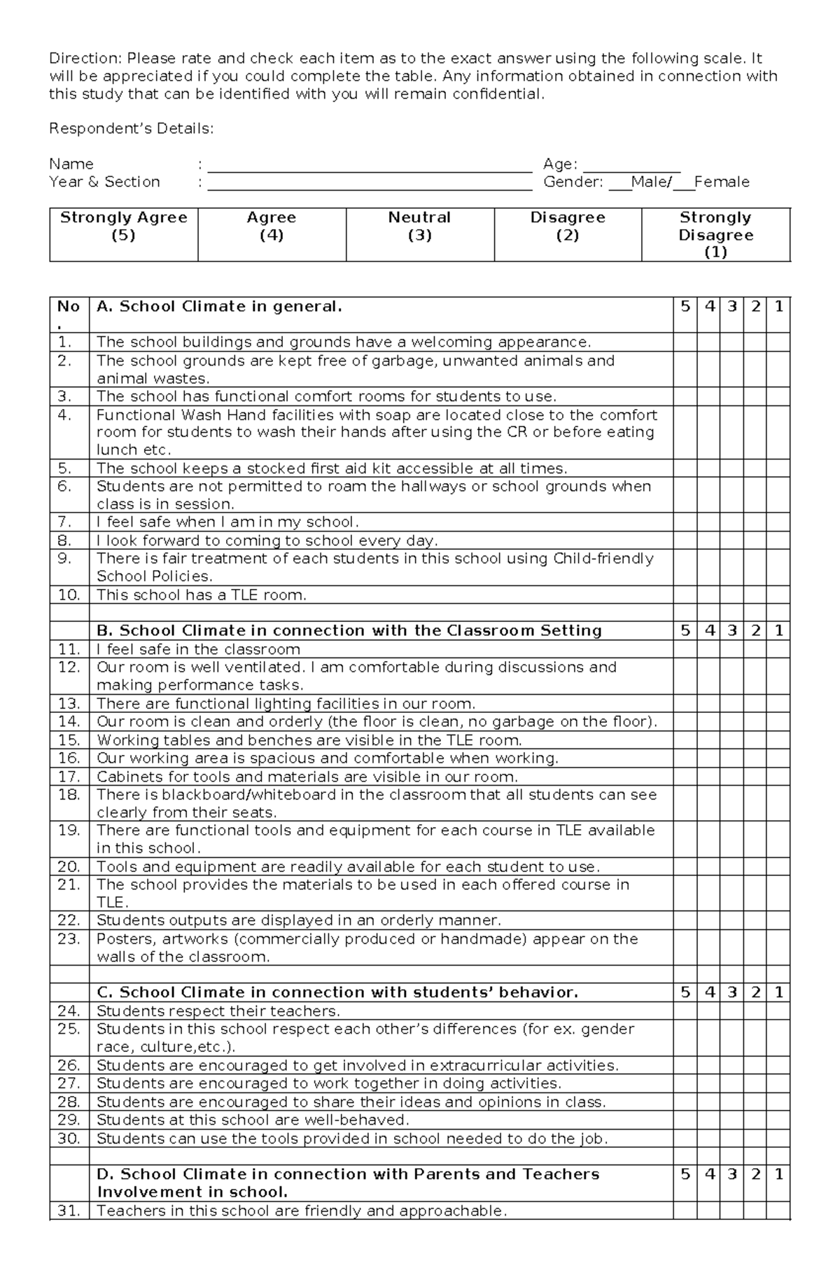 School Climate Survey Questionnaire - 2023 - Studocu