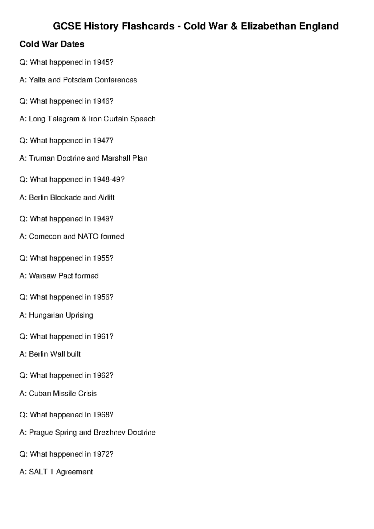 GCSE History Flashcards: Cold War Key Events and Dates - Studocu