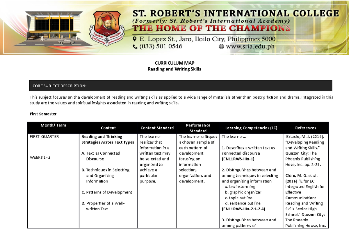 Reading and Writing Curriculum Map (EN11RWS) by Cris Lariosa - Studocu