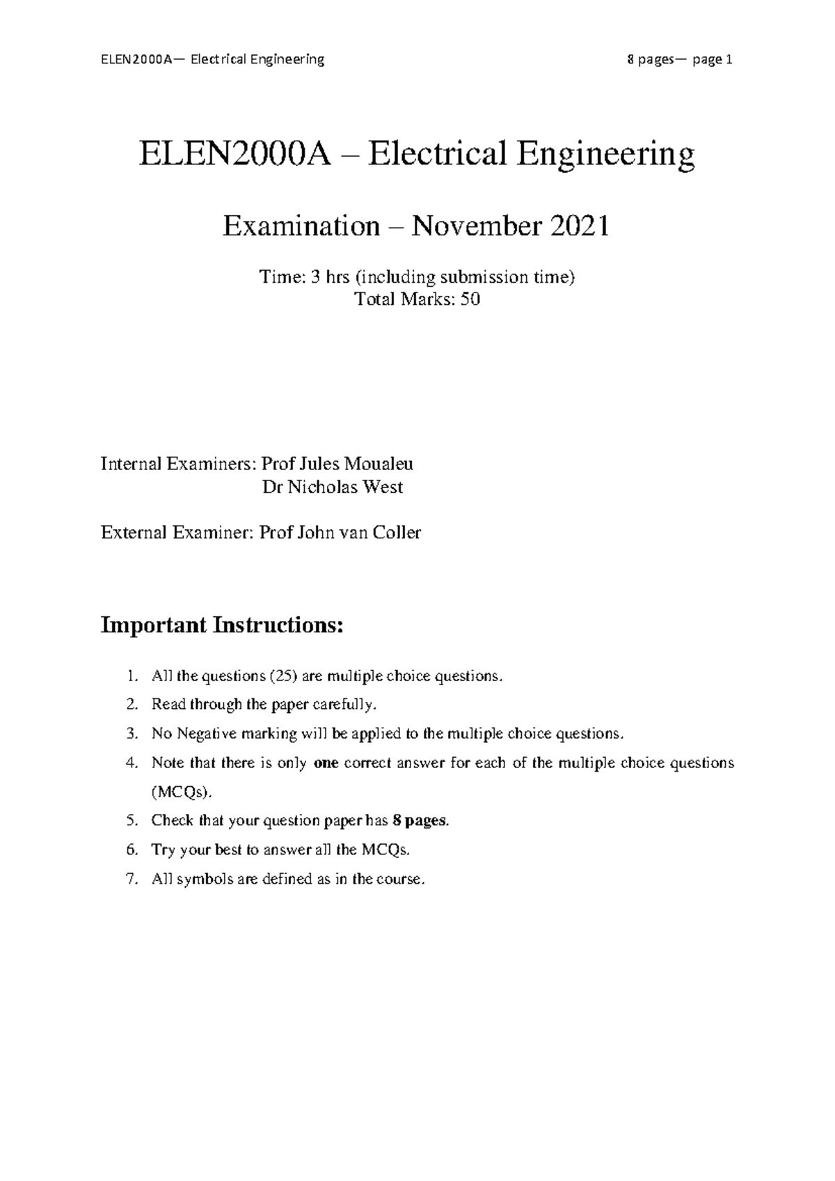 ELEN2000A - Nov 2021 Past Exam Paper - Electrical Engineering Exam ...