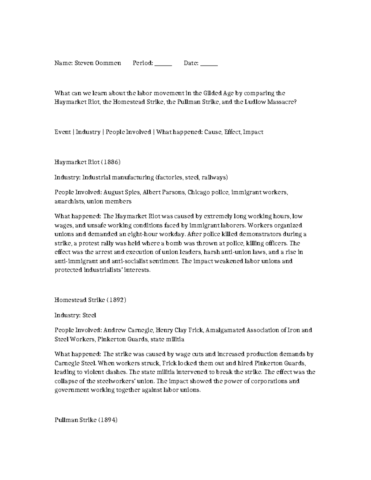 Gilded Age Labor Movement Analysis: Haymarket, Homestead, Pullman ...