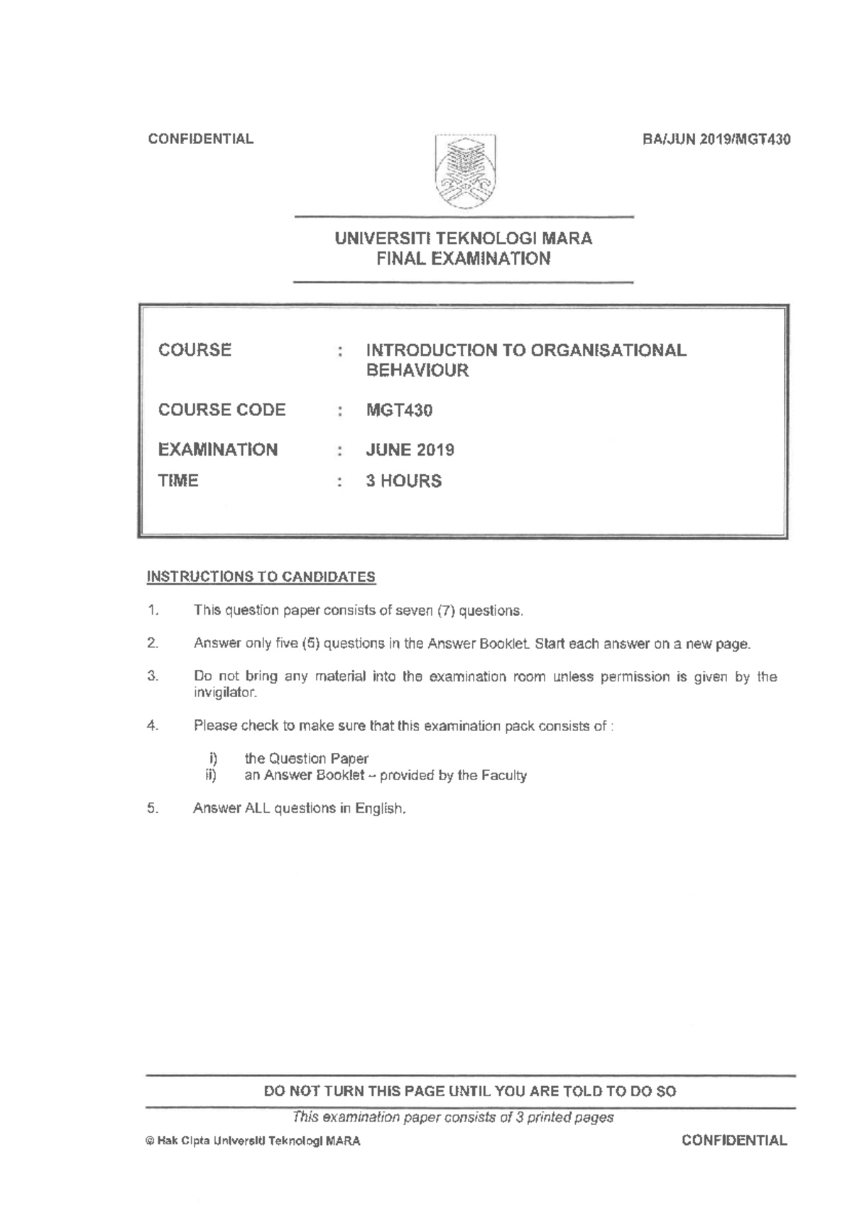 JUNE 2019 MGT430 FINAL EXAMINATION: INTRODUCTION TO ORGANISATIONAL ...