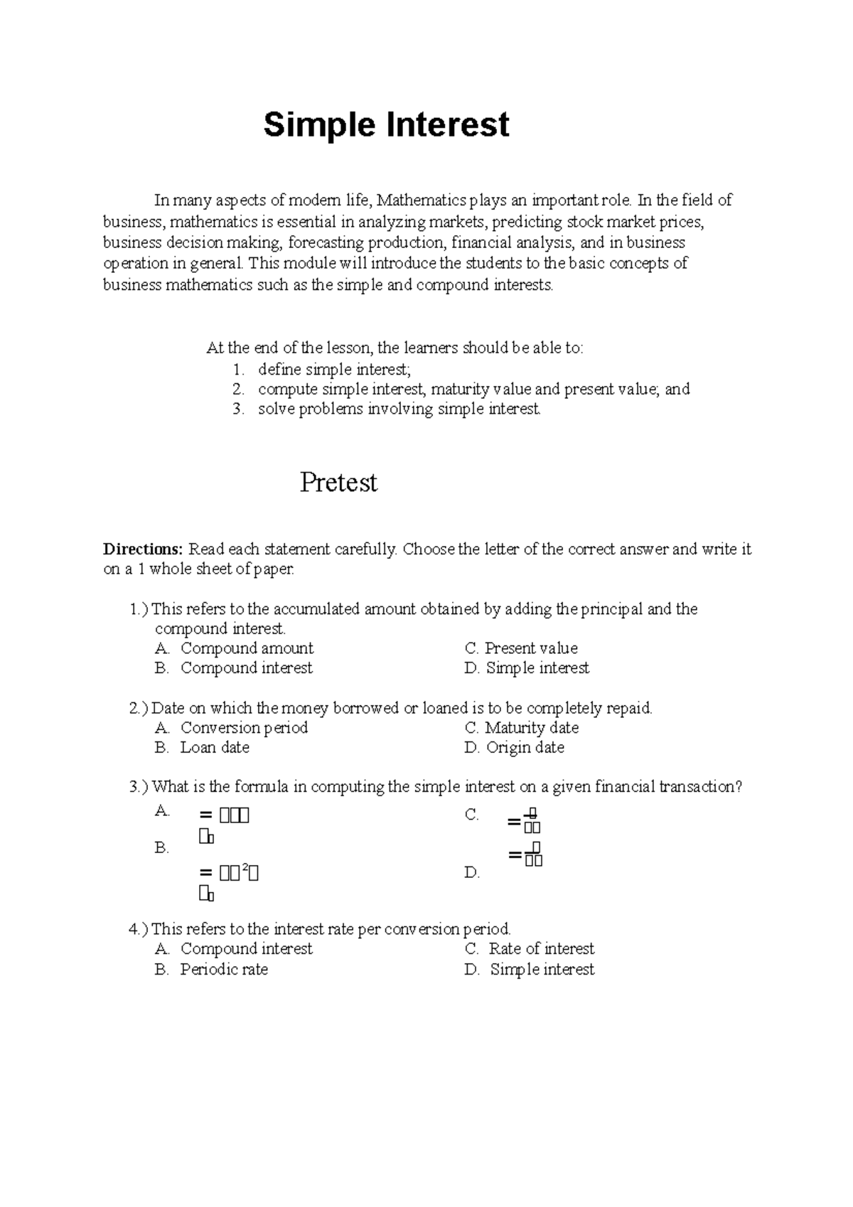 Mathematics in the Modern World-Simple Interest-students - Simple ...