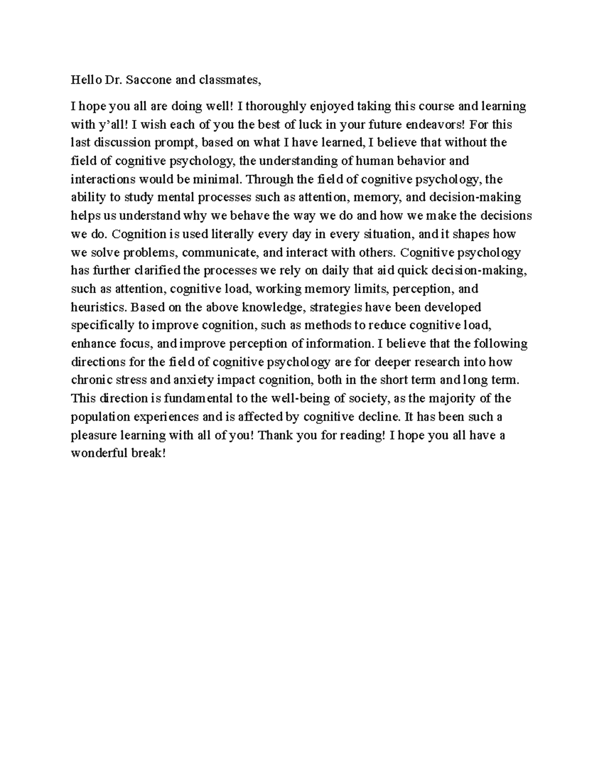 PSY 540 W10 Cognitive Psychology Course Reflection - Studocu