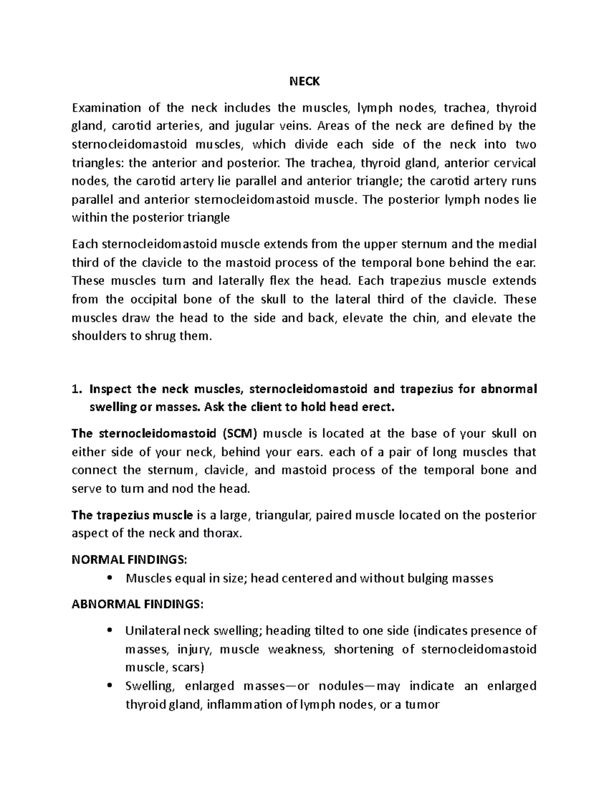 NECK HEALTH ASSESSMENT RLE: Examination Findings and Procedures - Studocu