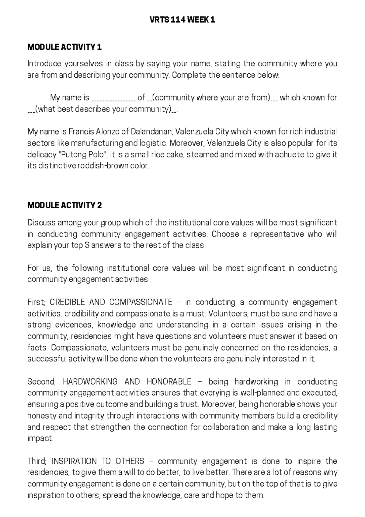 VRTS 114 Week 1: Community Engagement Activity & Core Values Discussion - Studocu