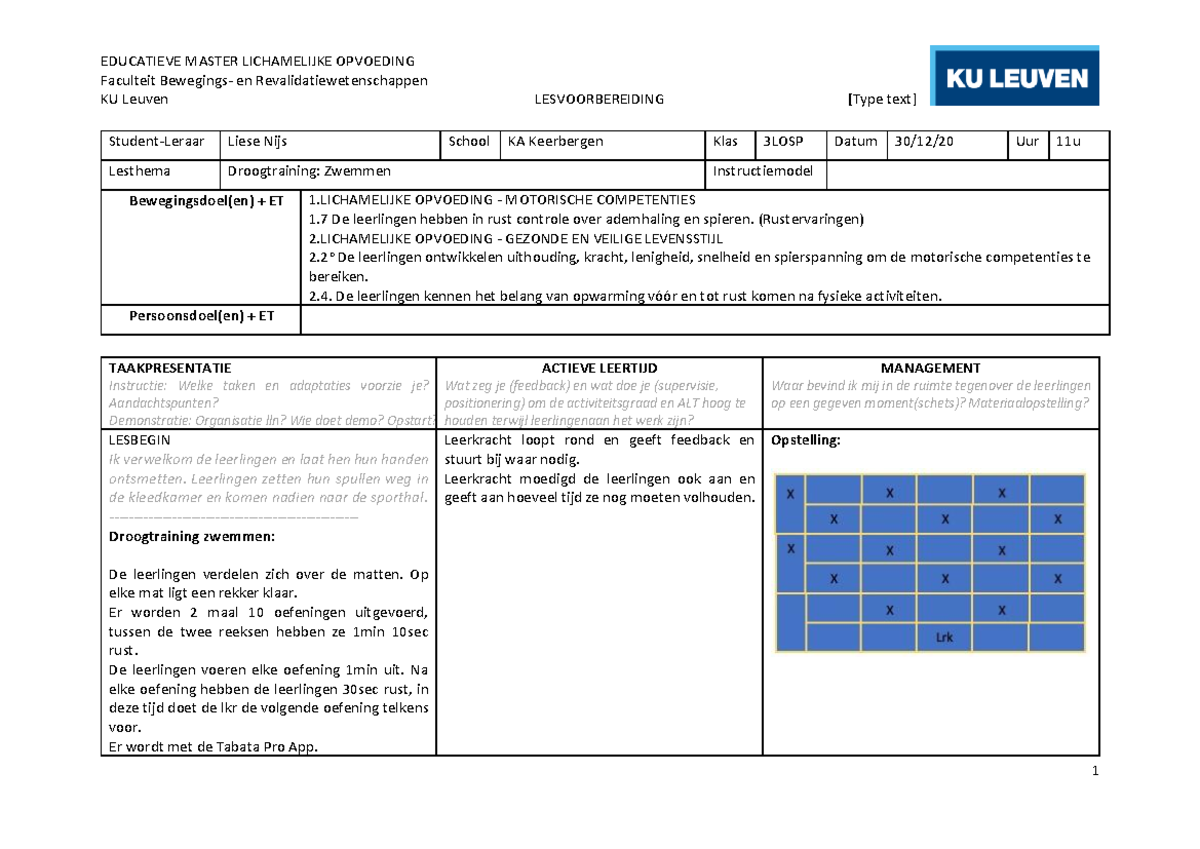 Lesvoorbereiding Droogtraining: Zwemmen en Motorische Competenties ...
