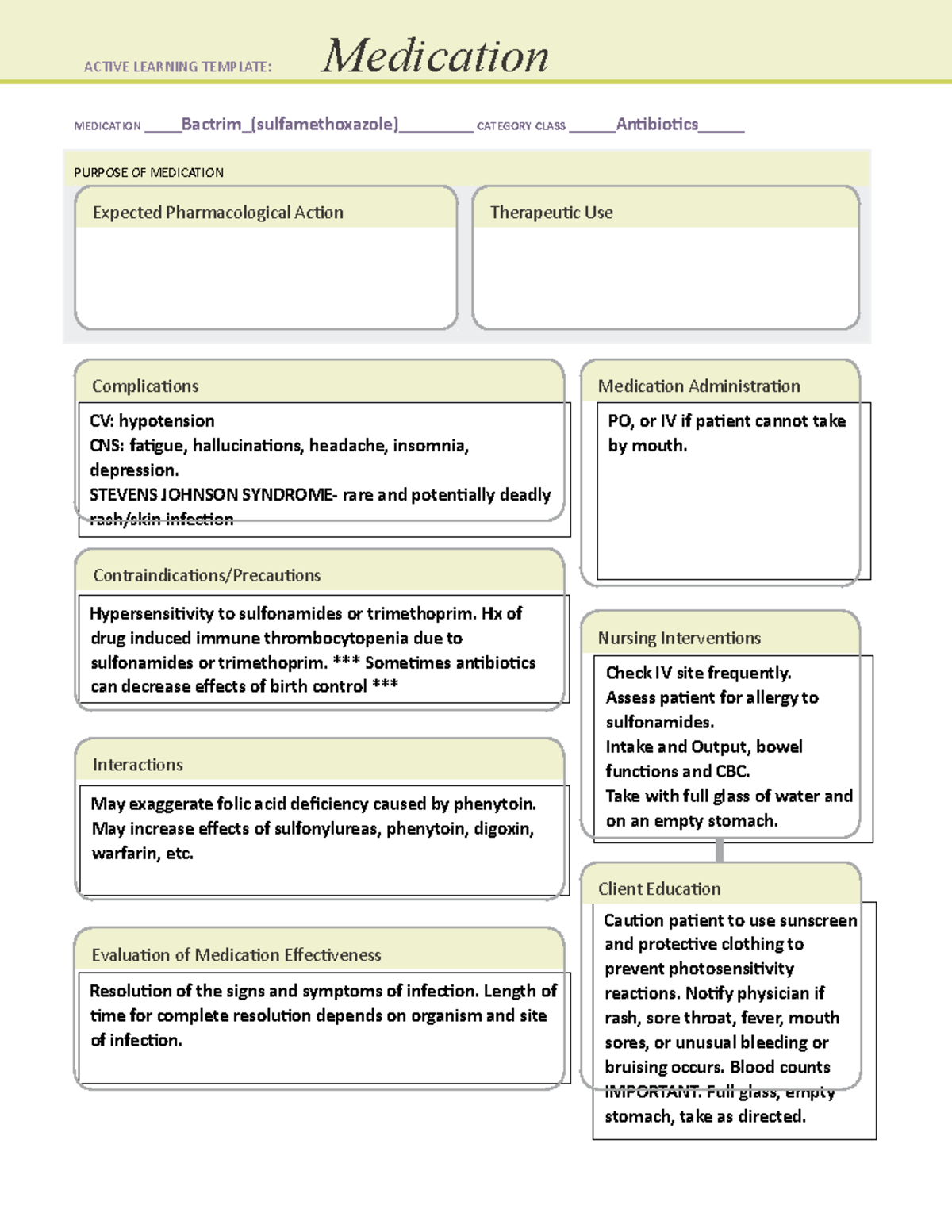 Bactrim (Sulfamethoxazole) Medication Active Learning Template - Studocu