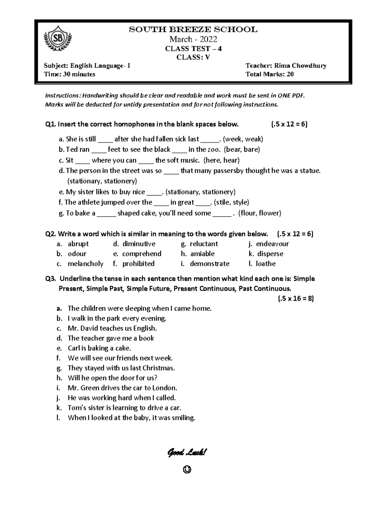 SOUTH BREEZE SCHOOL Class V English I March 2022 Test 4 - Studocu