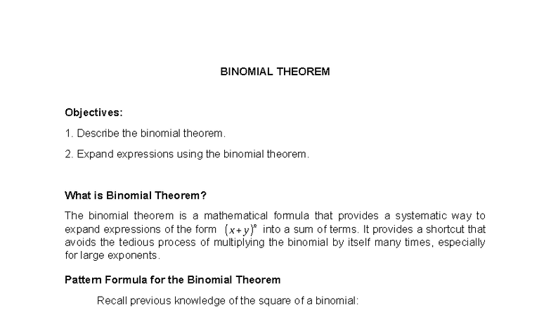 Binomial Theorem Overview and Expansion Techniques - Studocu