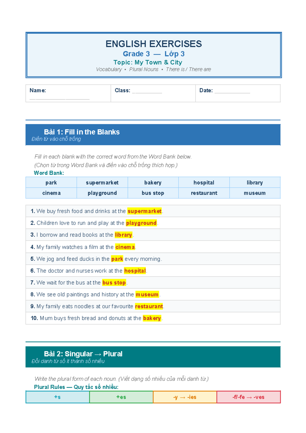 ENGLISH EXERCISES GRADE 3: MY TOWN VOCABULARY & PLURAL NOUNS - Studocu
