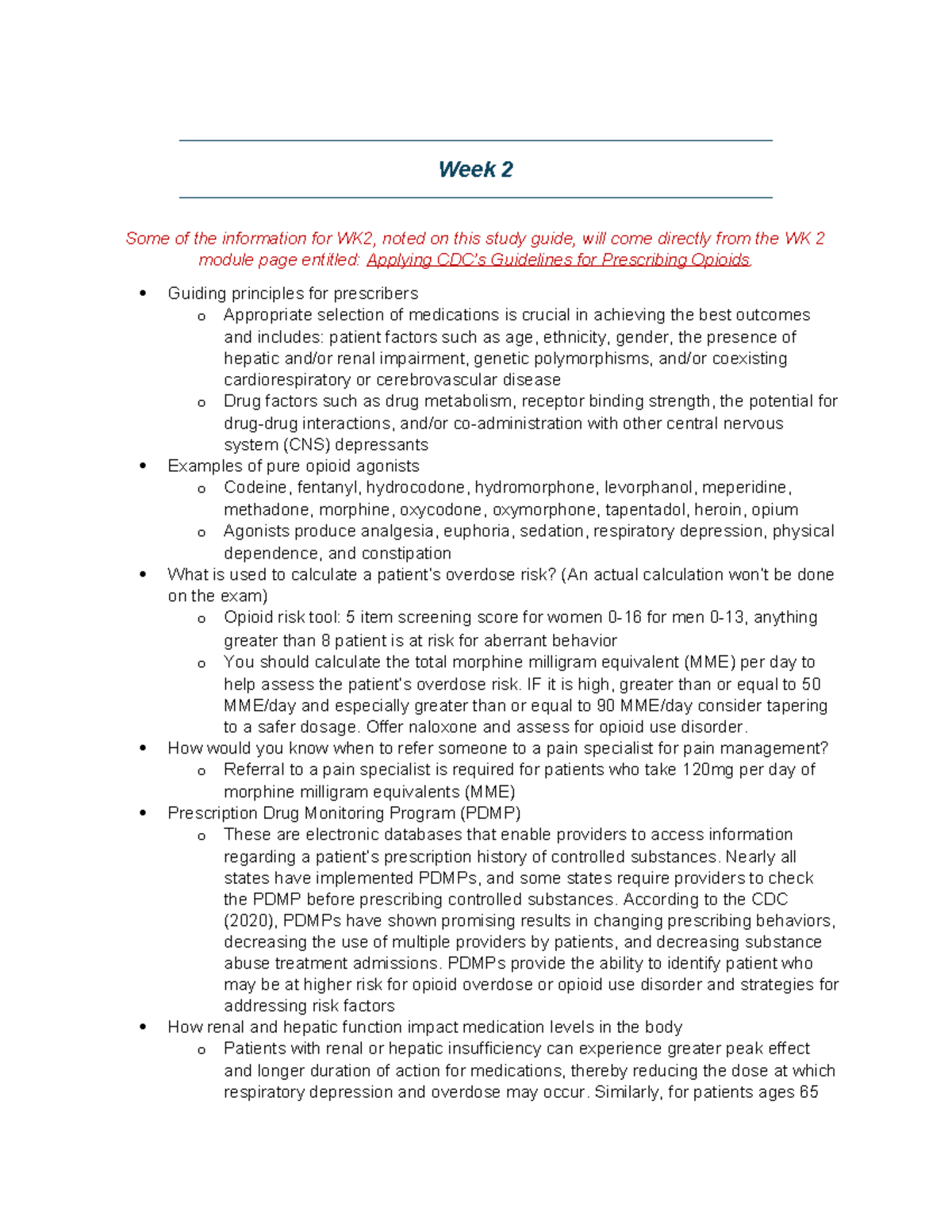 WK2 Study Guide: CDC Guidelines for Opioid Prescribing and Risks - Studocu