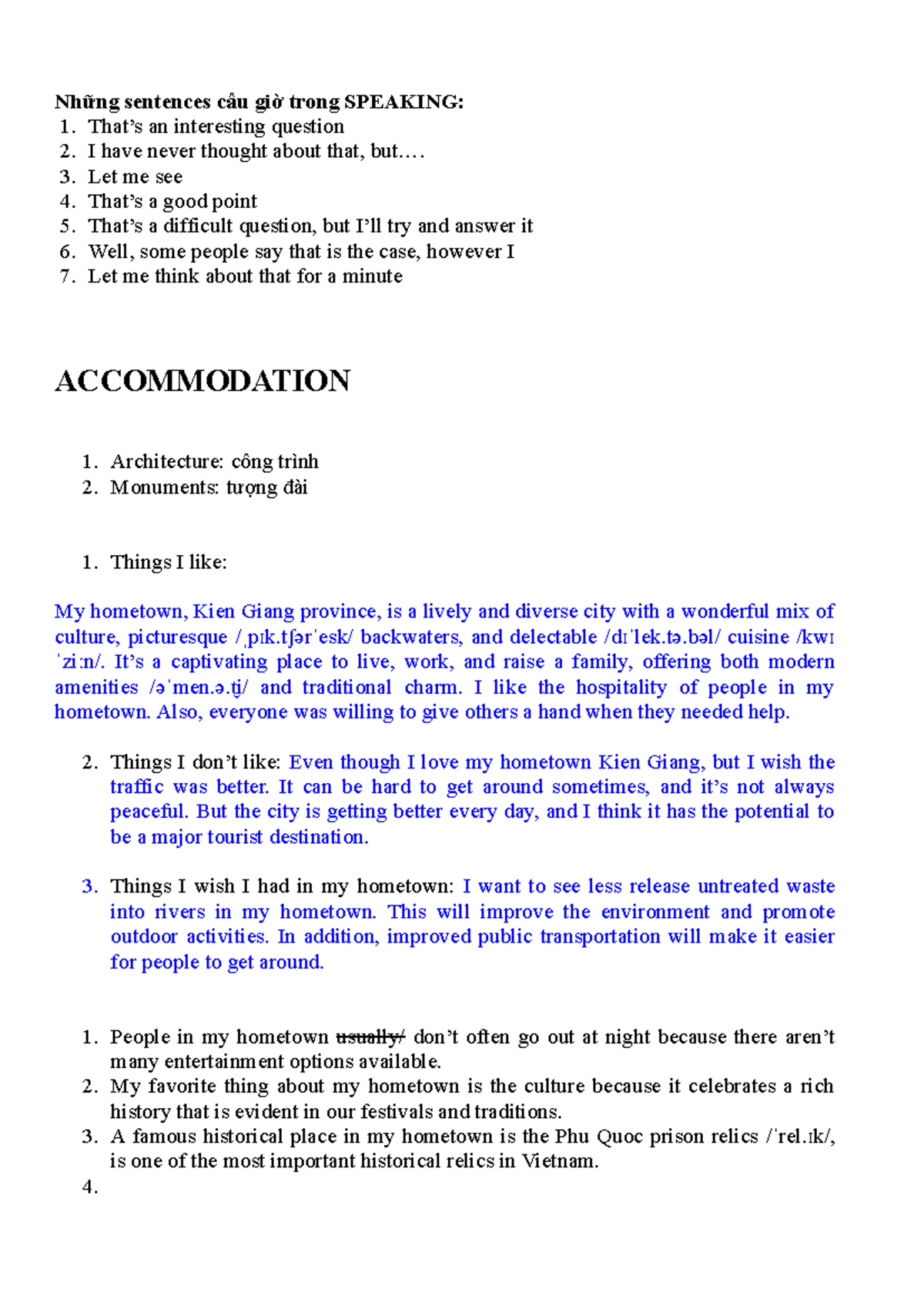 1. Accommodation Speaking - Những sentences câu giờ trong SPEAKING: 1 ...