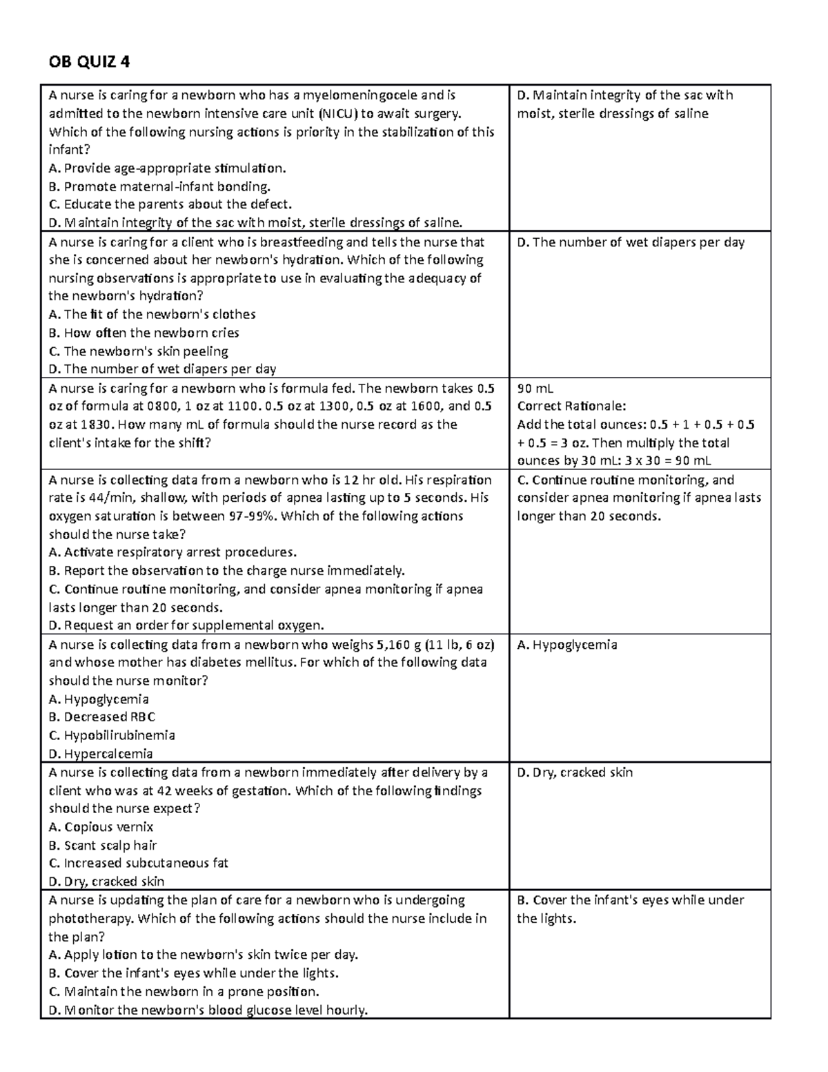 OB QUIZ 4 - Essential Nursing Actions for Newborn Care - Studocu