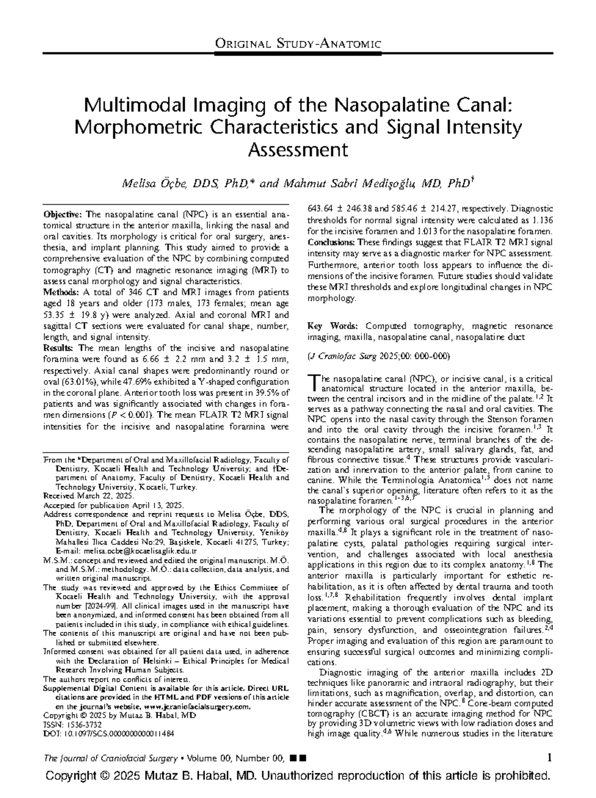 Multimodal Imaging of the Nasopalatine Canal: Morphometric & Signal ...