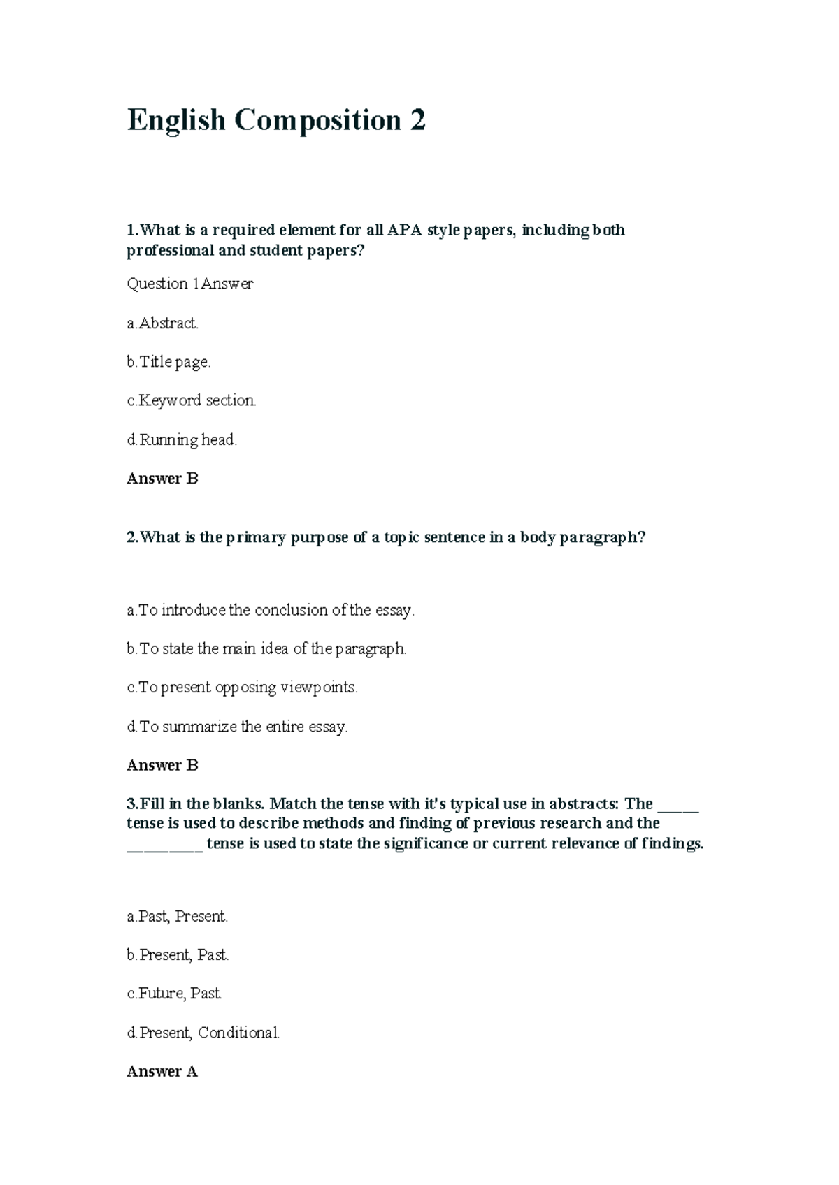 English Composition 2 Quiz Test 2: Key Concepts and Answers - Studocu
