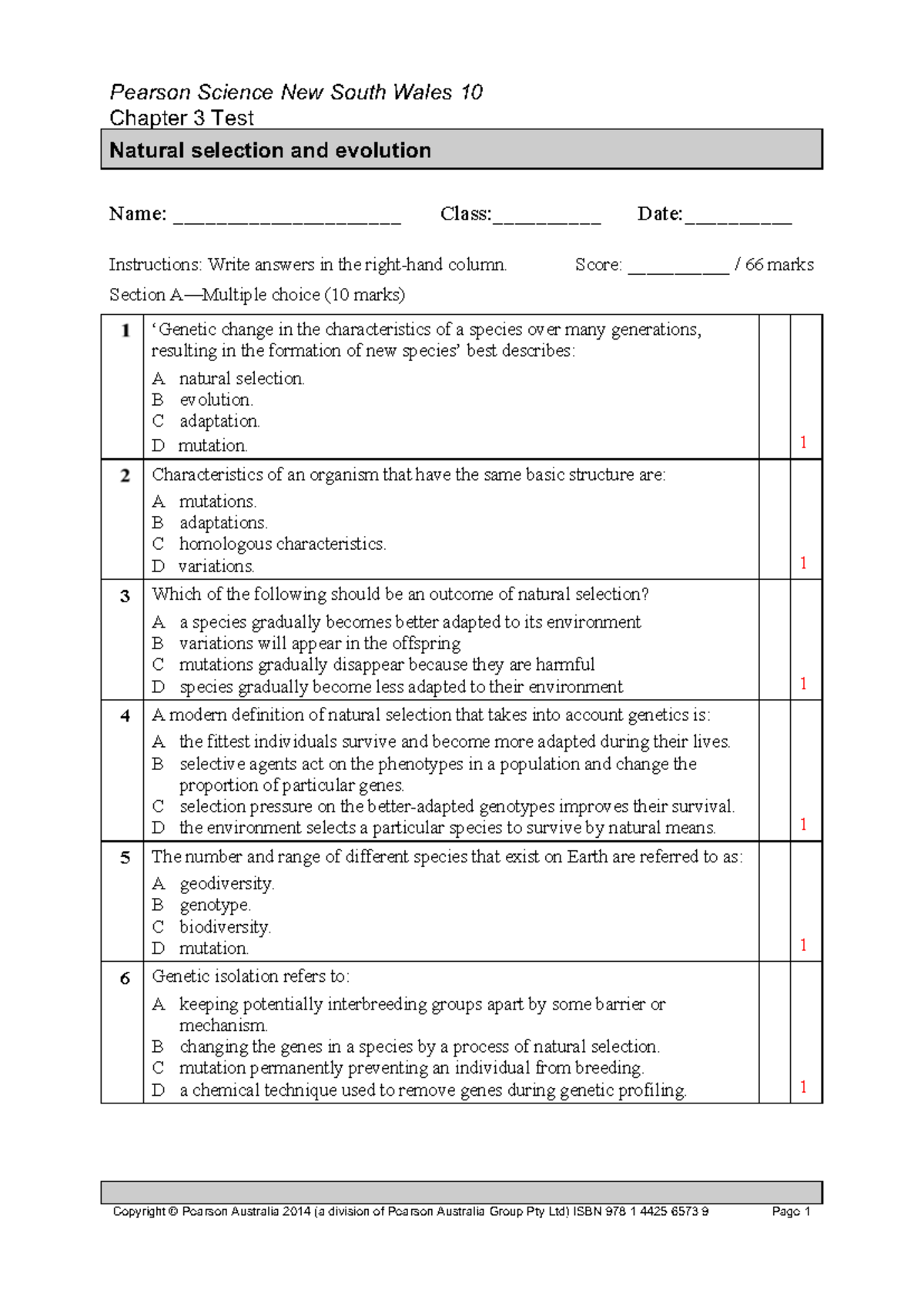 Pearson Science NSW 10 Chapter 3 Test: Natural Selection & Evolution ...