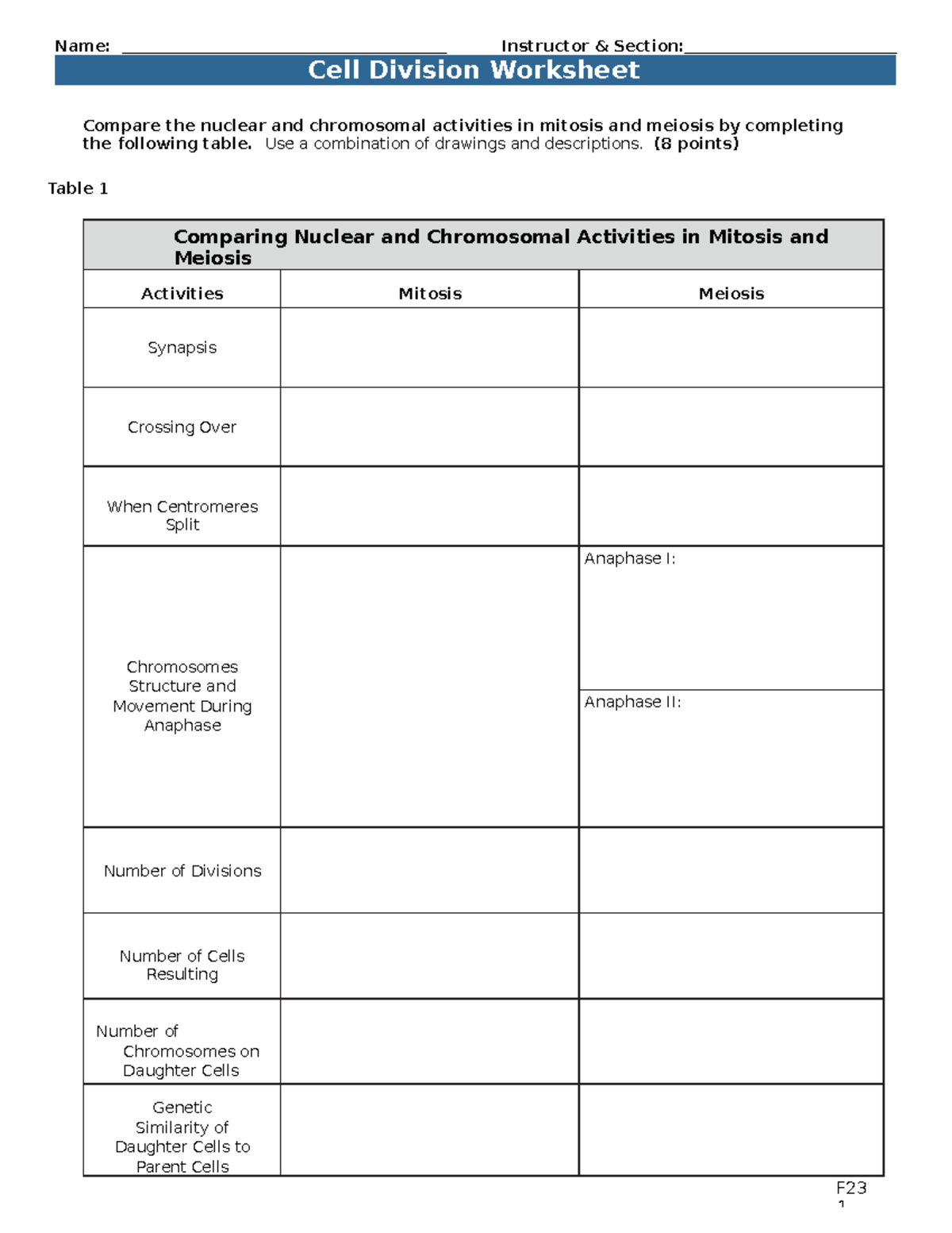 F23 Cell Division Mitosis & Meiosis Lab Worksheet - Studocu
