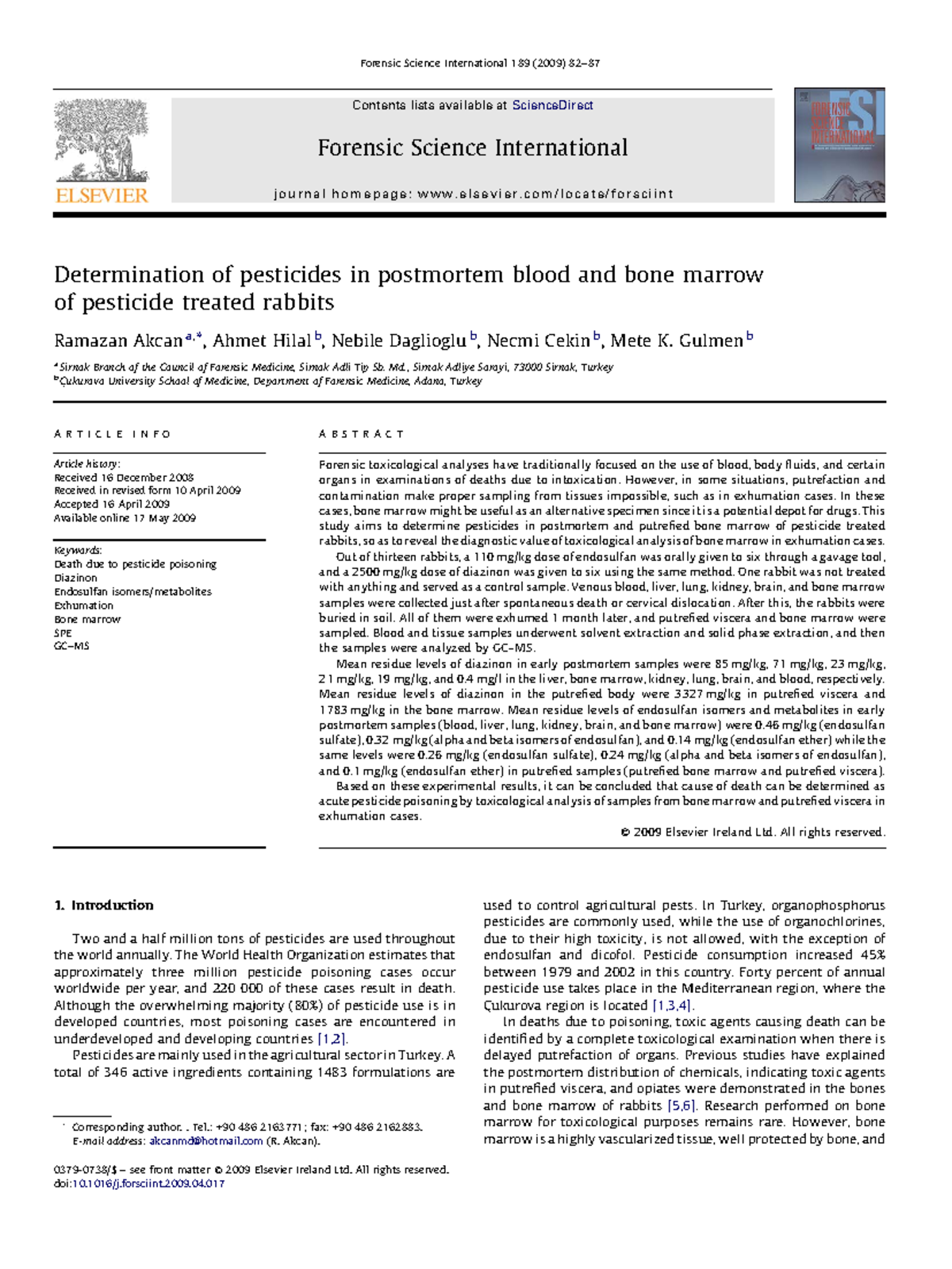 Determination of Pesticide Levels in Postmortem Blood and Bone Marrow ...