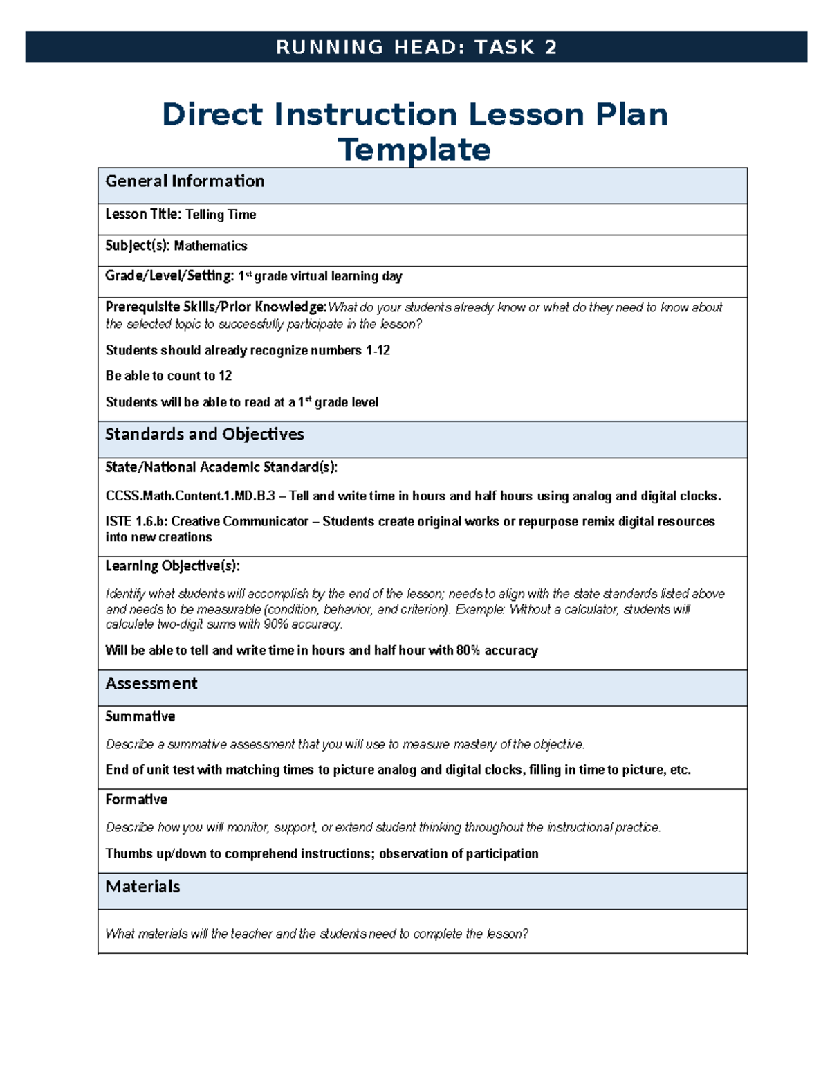 D639 Task 2: Direct Instruction Lesson Plan on Telling Time - Studocu