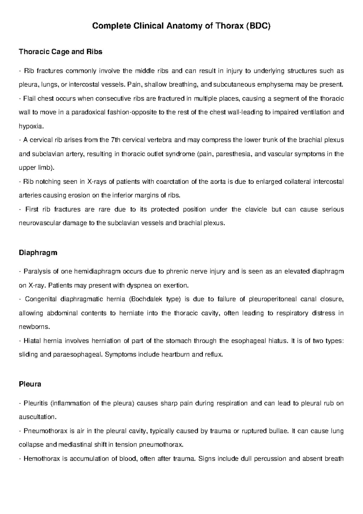 Clinical Anatomy of Thorax Summary - BD Chaurasia Notes - Studocu